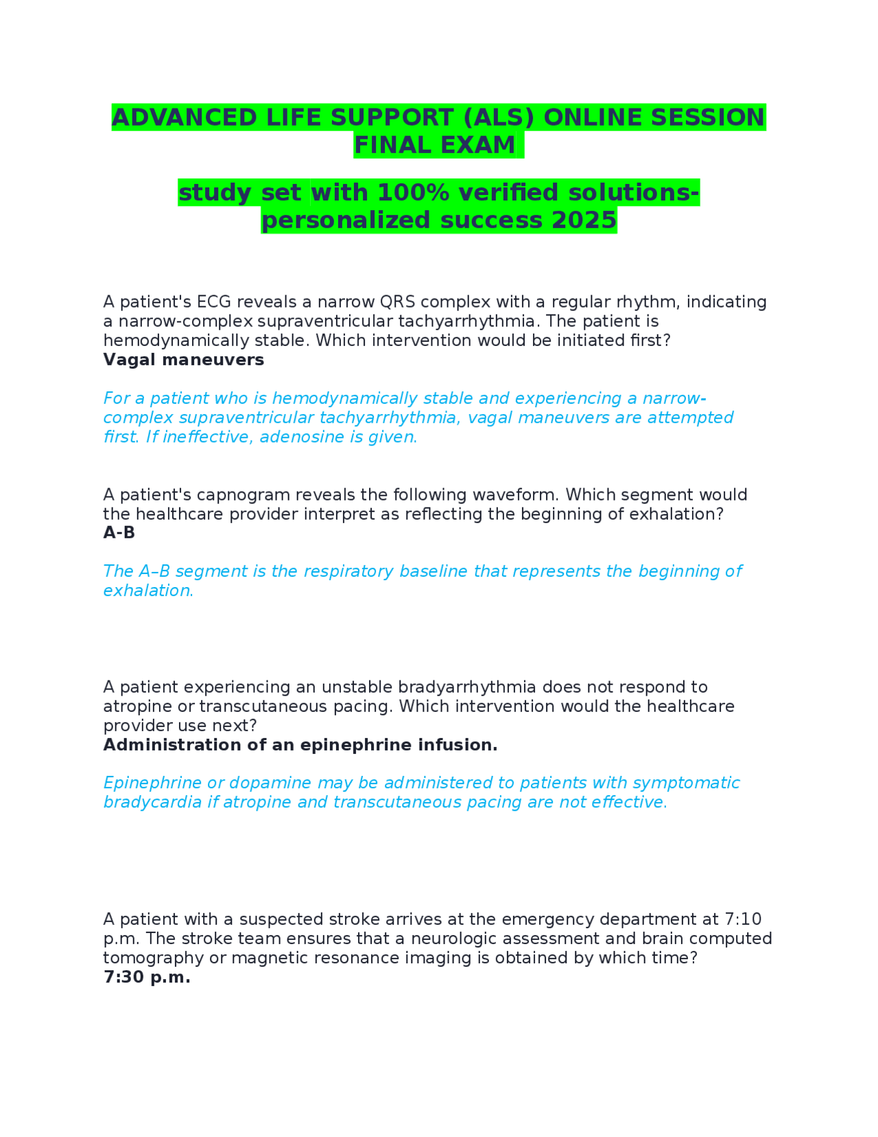 ADVANCED LIFE SUPPORT (ALS) ONLINE SESSION FINAL EXAM study set with ...