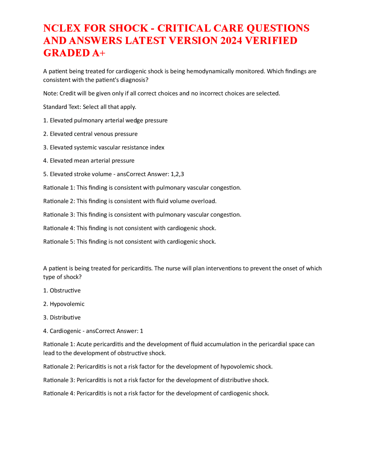 NCLEX Questions and Answers: Shock - Critical Care | Exams Nursing ...