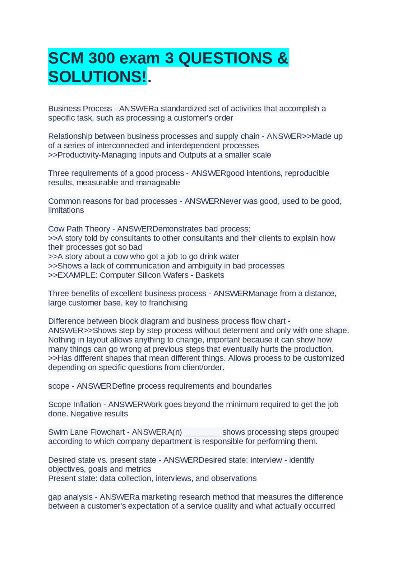 SCM 300 Exam 3: Business Processes, Project Management, and Supply ...