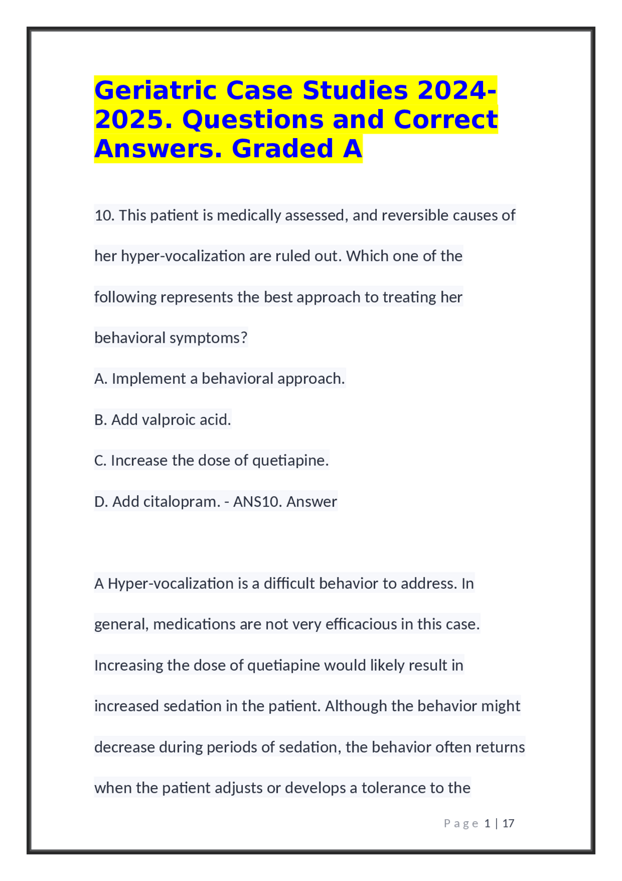 Geriatric Case Studies 2024-2025. Questions and Correct Answers. Graded ...