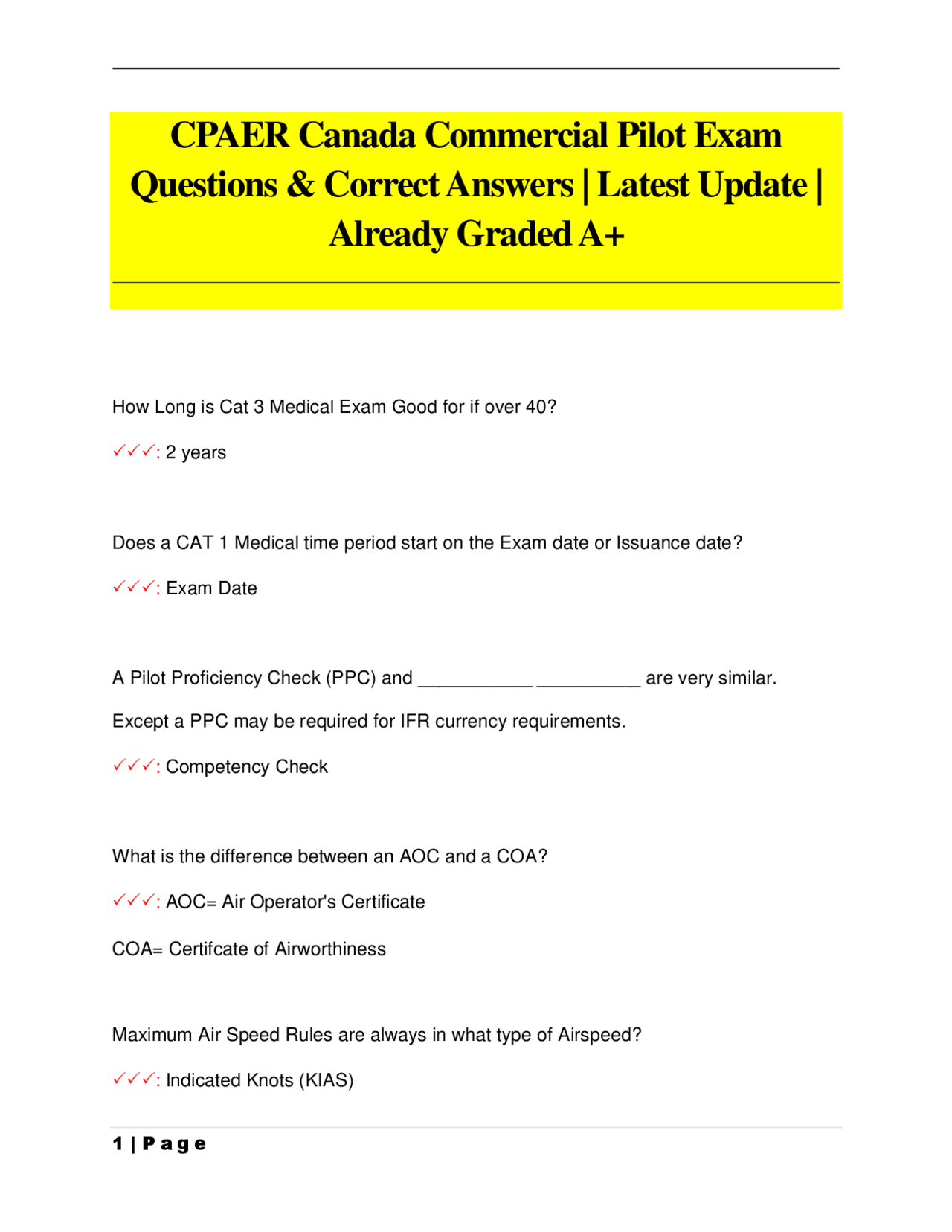 CPAER Canada Commercial Pilot Exam Questions & Correct Answers | Latest ...