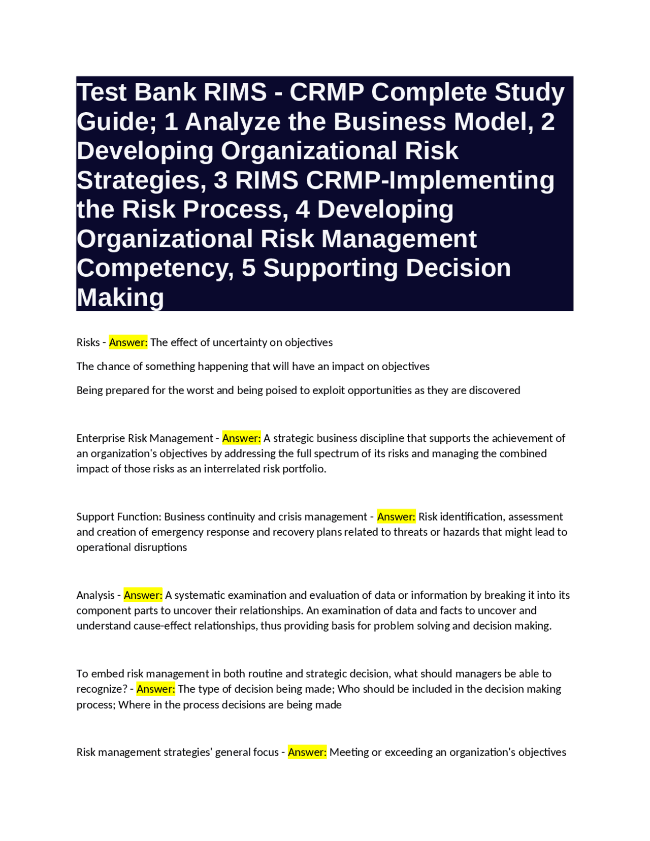 Test Bank RIMS - CRMP Complete Study Guide; 1 Analyze the Business ...