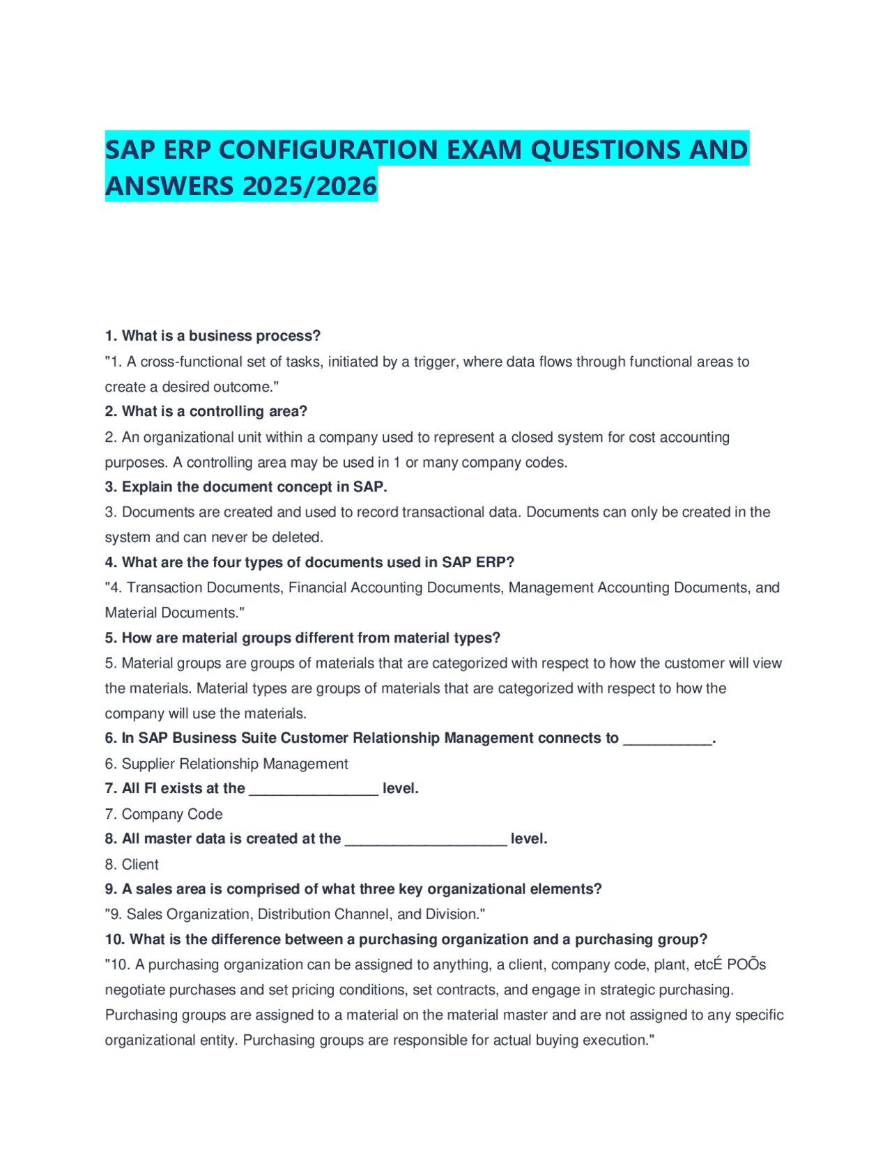 SAP ERP Configuration Exam Questions and Answers | Exams Business ...