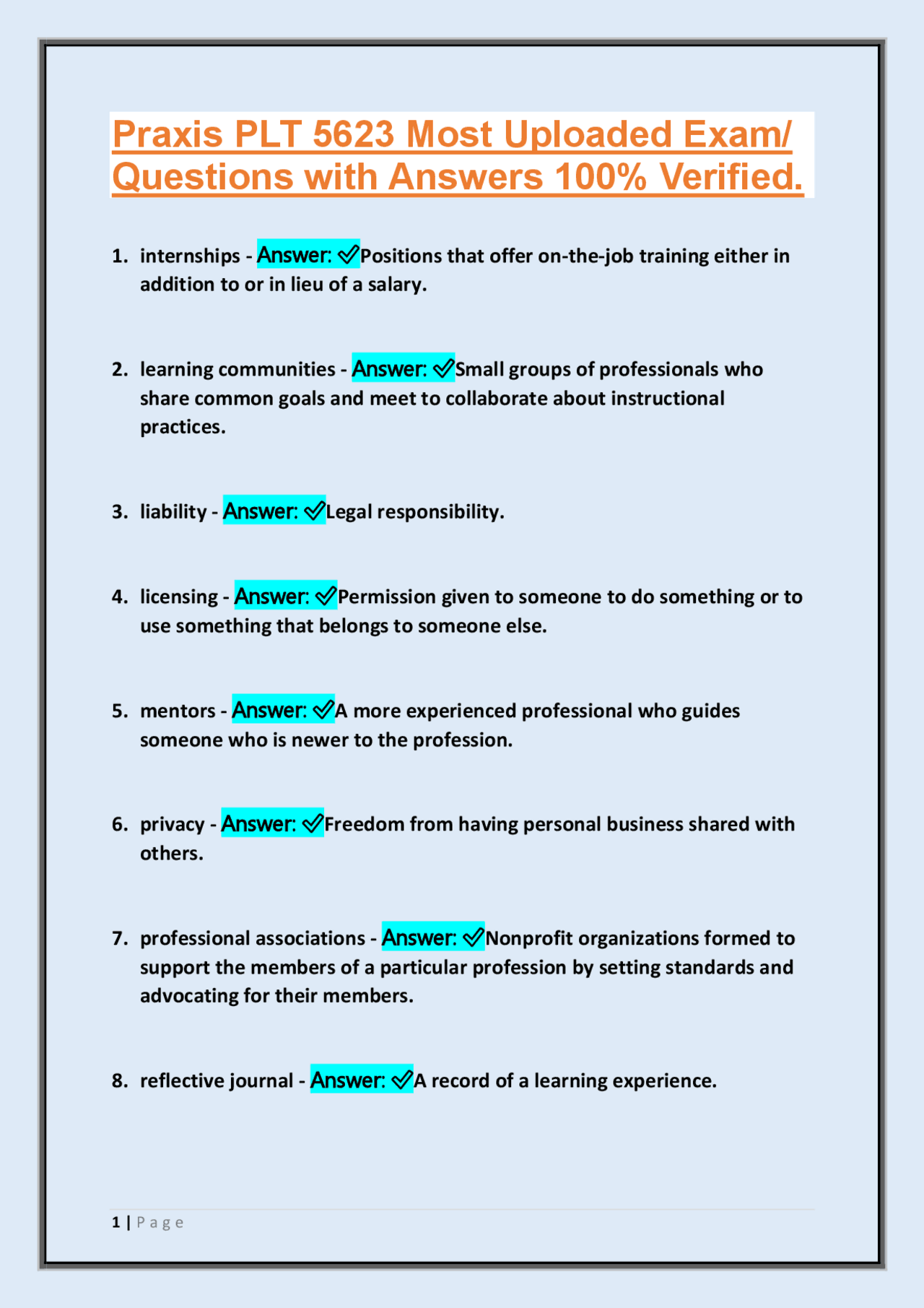 Praxis PLT 5623 Most Uploaded Exam/ Questions with Answers 100% ...