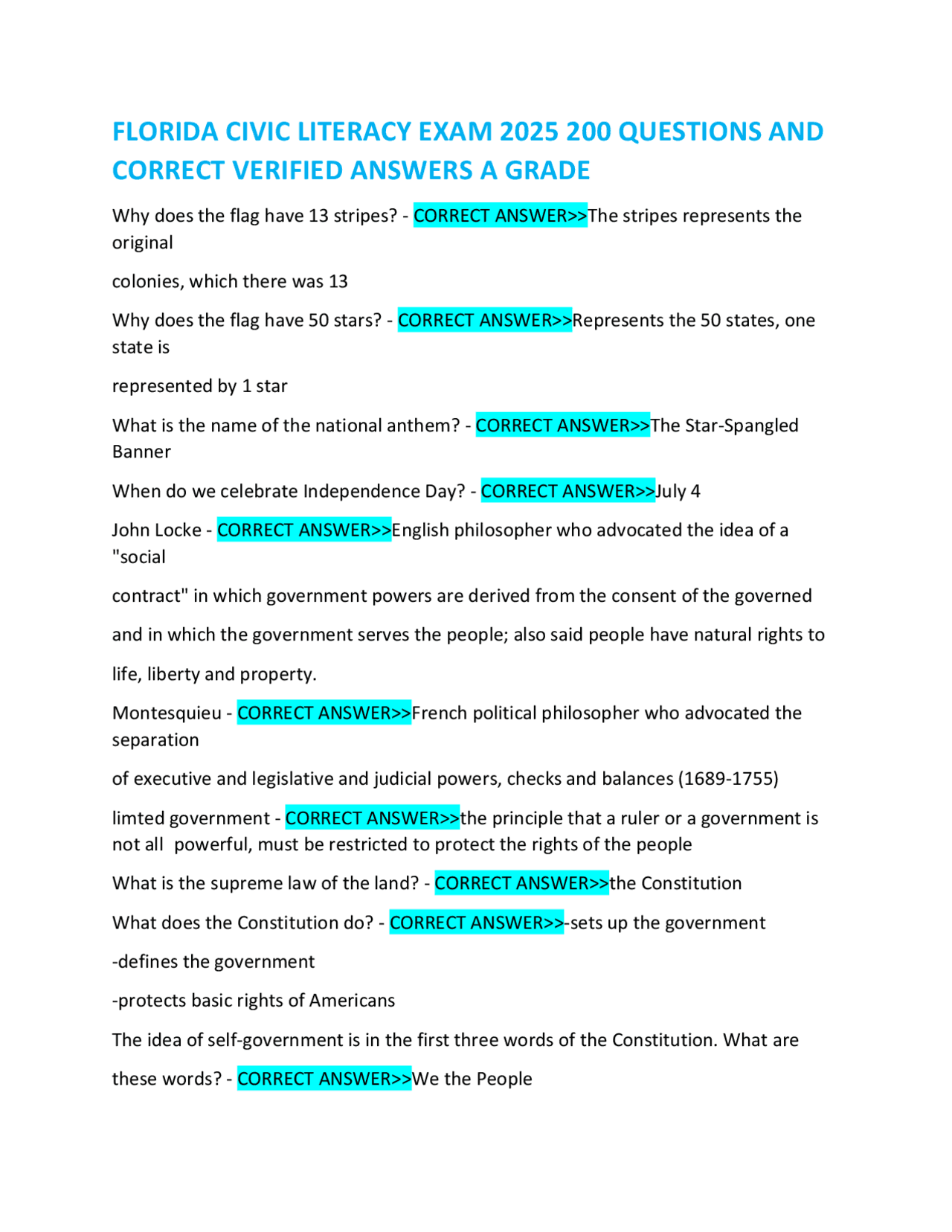 FLORIDA CIVIC LITERACY EXAM 2025 200 QUESTIONS AND CORRECT VERIFIED ...