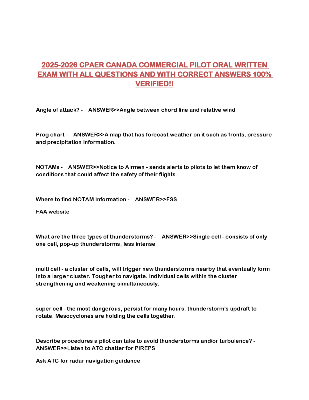 2025-2026 CPAER CANADA COMMERCIAL PILOT ORAL WRITTEN EXAM WITH ALL ...