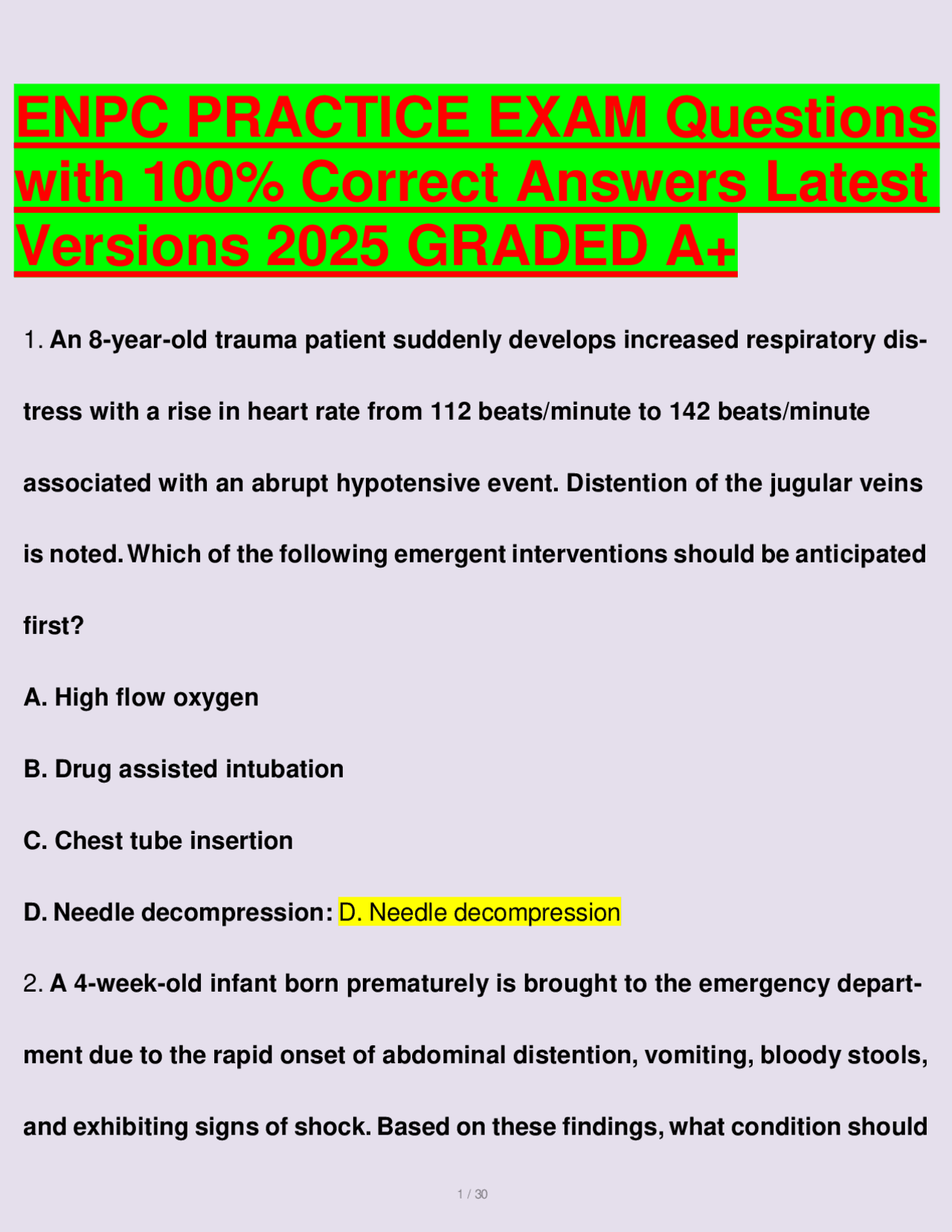 ENPC PRACTICE EXAM Questions with 100% Correct Answers Latest Versions ...