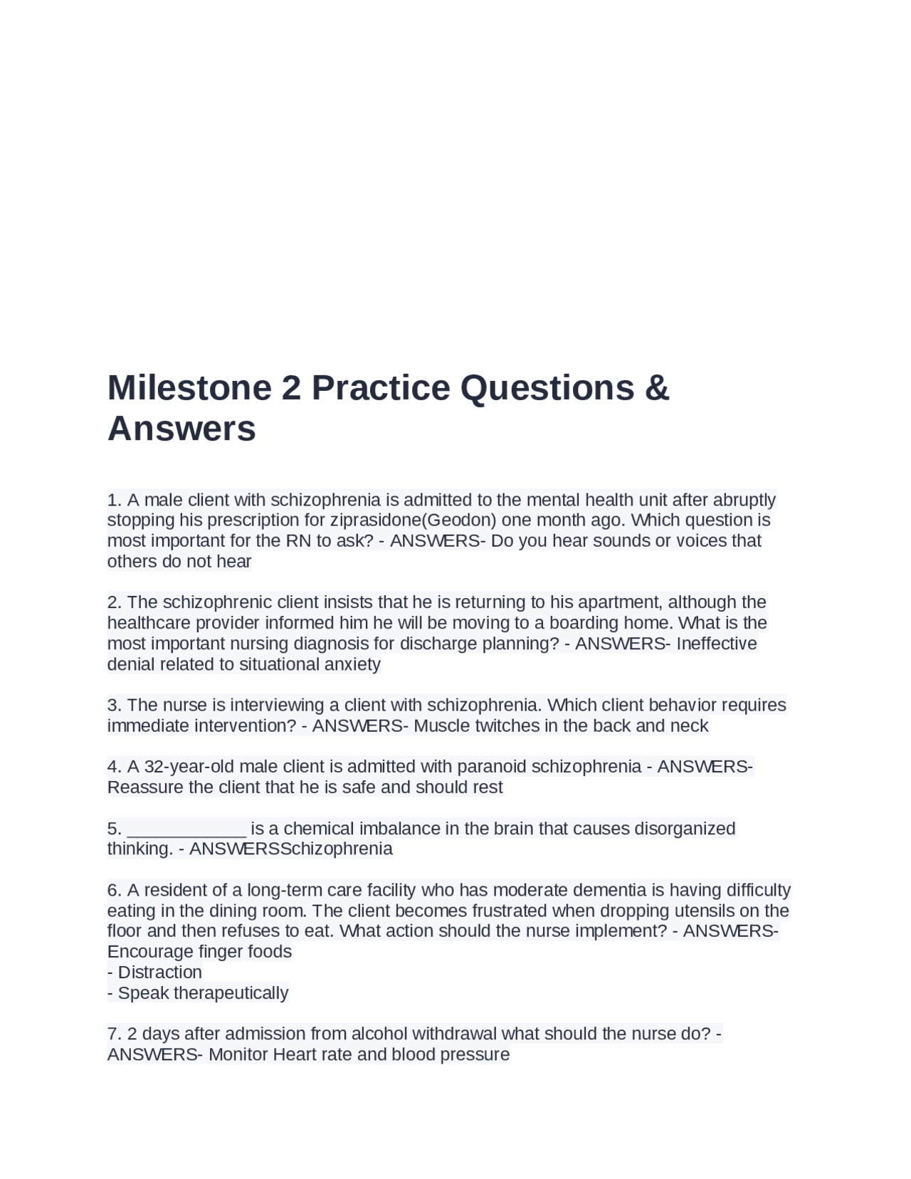 Milestone 2 Practice Questions & Answers: Nursing Concepts and ...