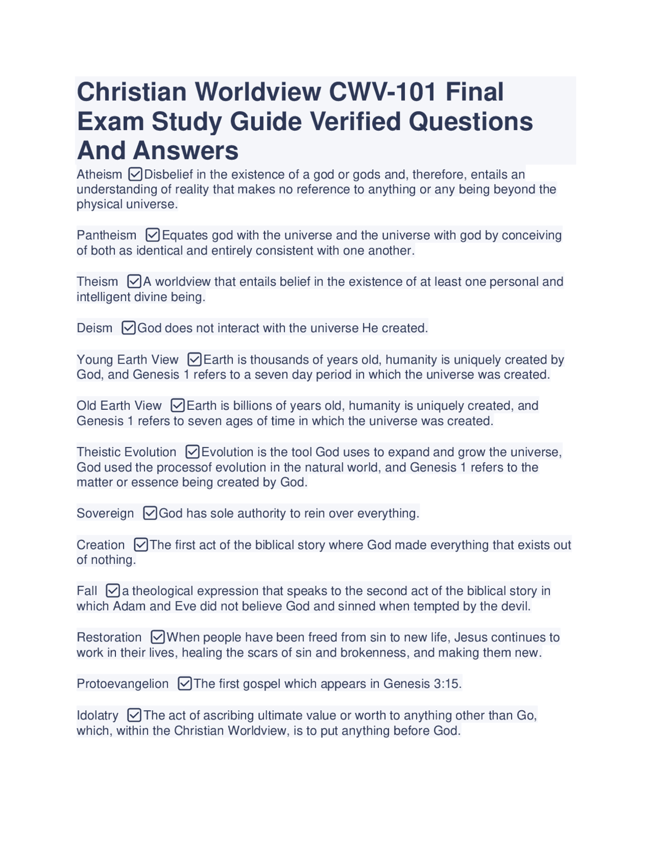 Christian Worldview CWV-101 Final Exam Study Guide: Verified Questions ...