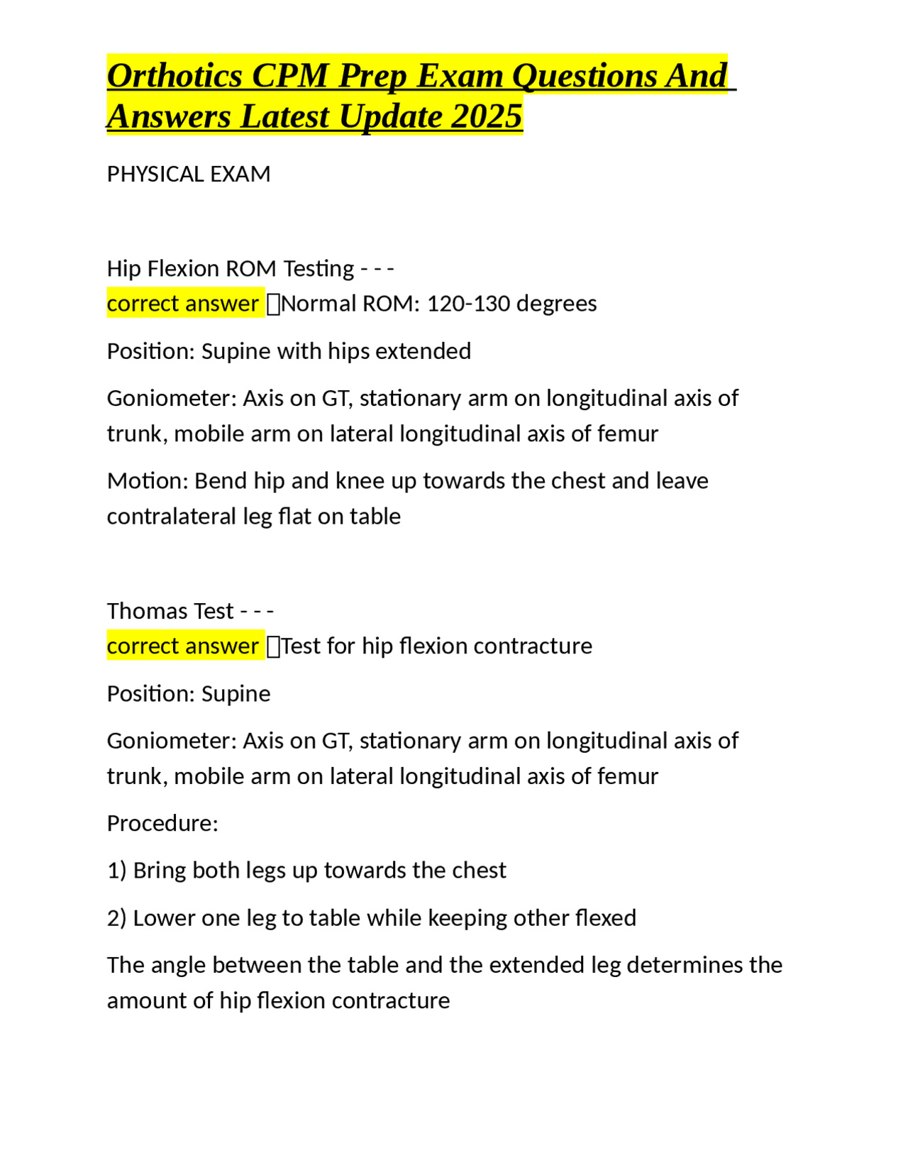 Orthotics CPM Prep Exam: Hip, Knee, and Ankle ROM Testing Guide | Exams ...