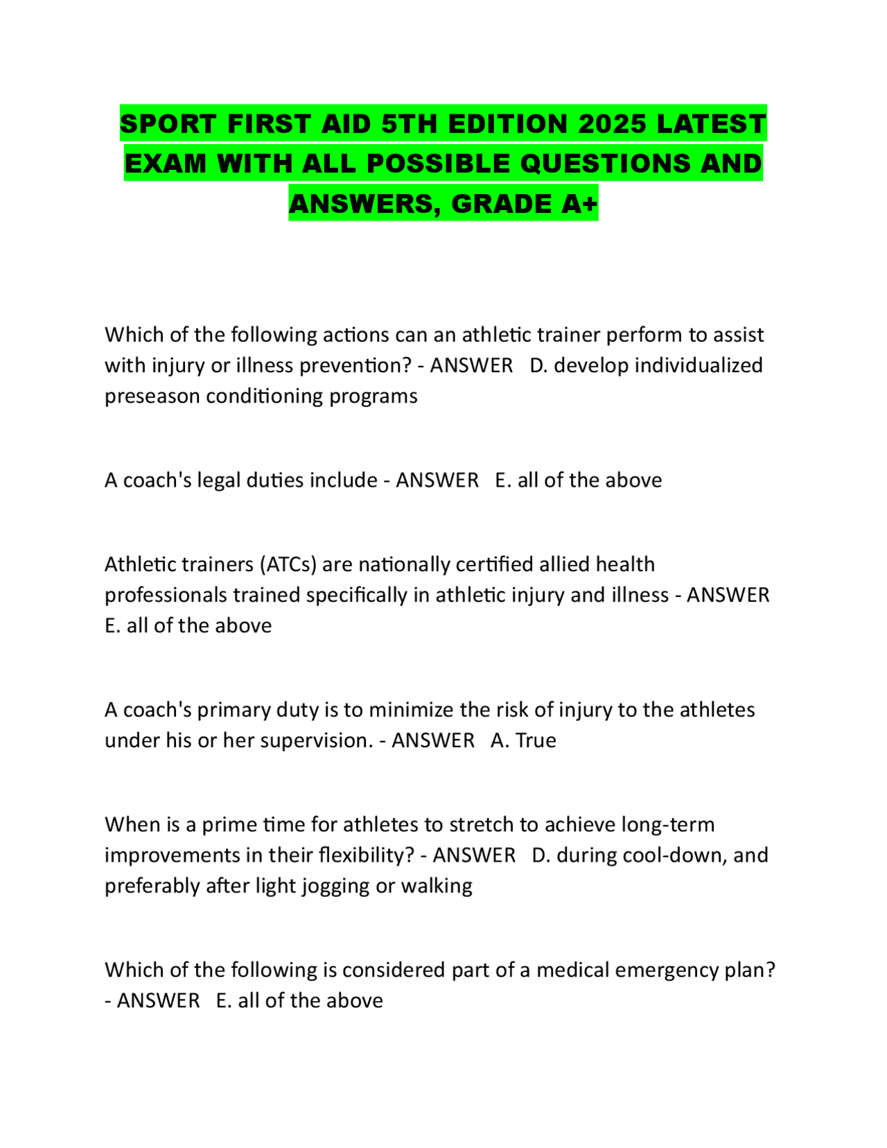 SPORT FIRST AID 5TH EDITION 2025 LATEST EXAM WITH ALL POSSIBLE ...