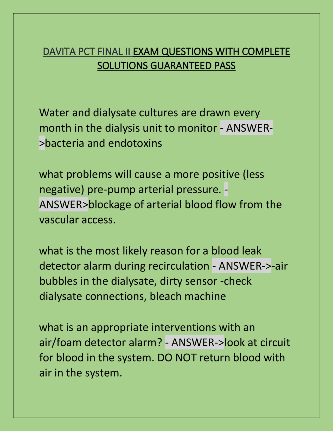 DAVITA PCT FINAL II EXAM QUESTIONS WITH COMPLETE SOLUTIONS GUARANTEED ...