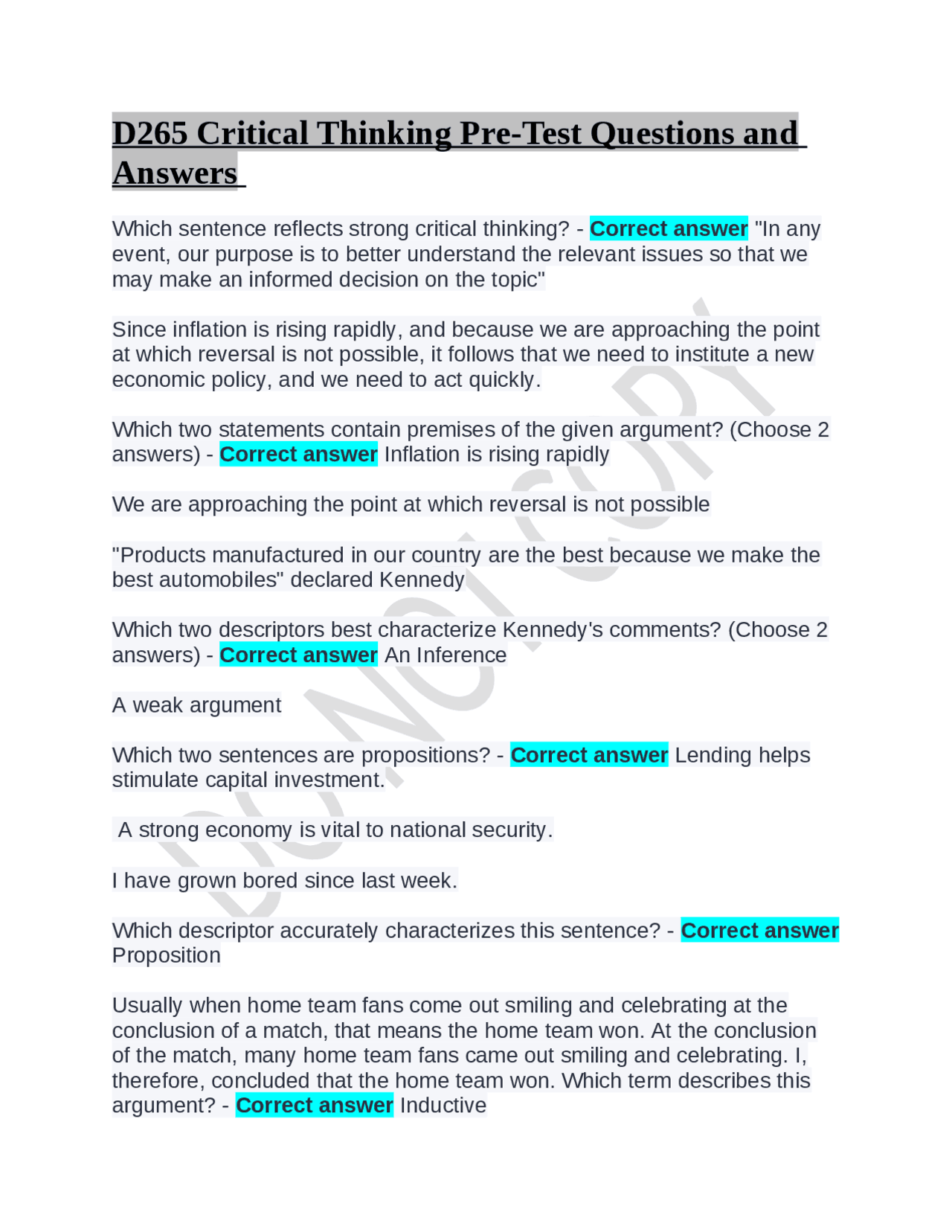 Critical Thinking Pre-Test Questions and Answers | Exams Nursing | Docsity