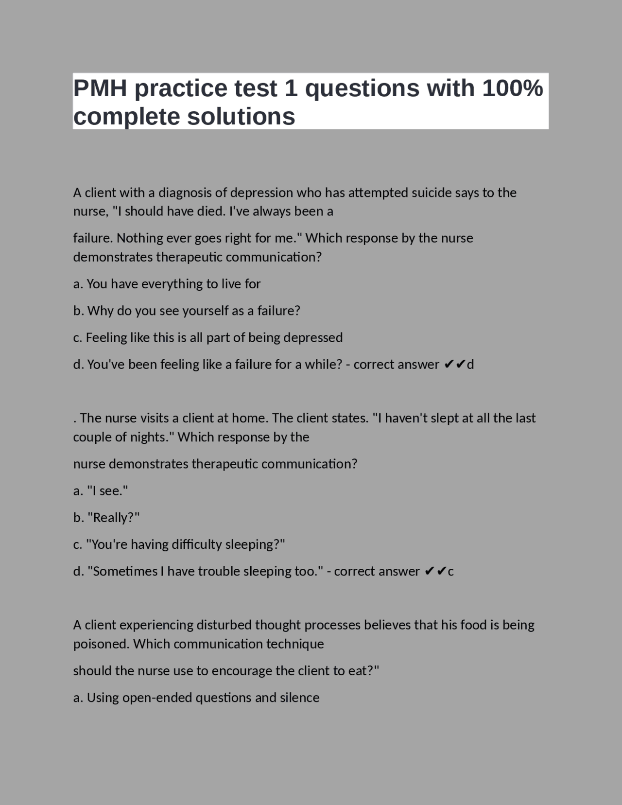 PMH Practice Test 1: Questions and Answers for Mental Health ...