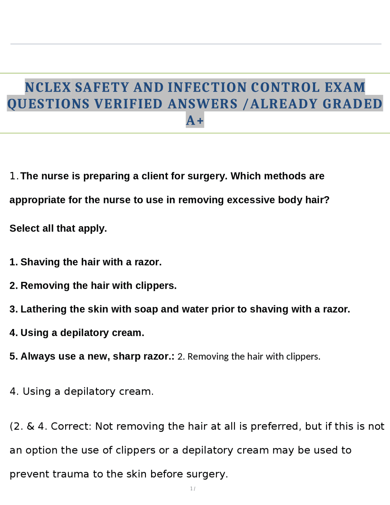 NCLEX SAFETY AND INFECTION CONTROL EXAM QUESTIONS VERIFIED ANSWERS /ALREADY GRADED A+ | Exams ...