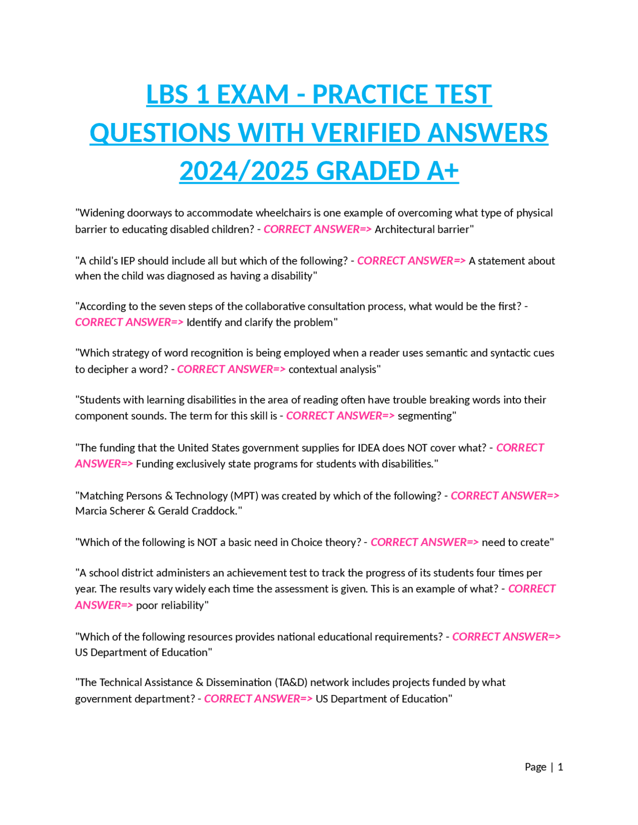 LBS 1 EXAM - PRACTICE TEST QUESTIONS WITH VERIFIED ANSWERS 2024/2025 ...