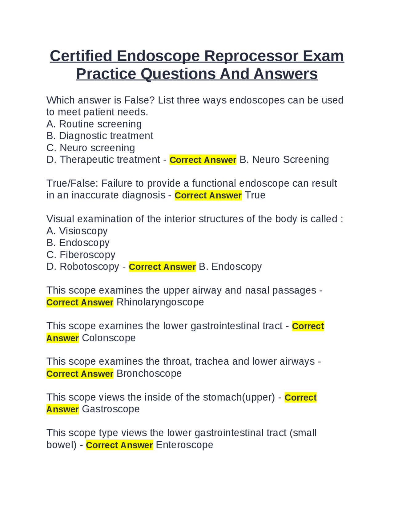 Certified Endoscope Reprocessor Exam Practice Questions and Answers ...