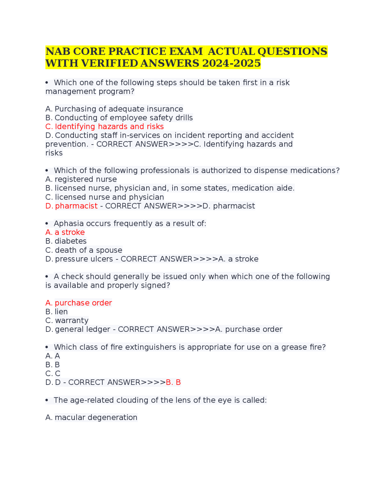 NAB CORE PRACTICE EXAM ACTUAL QUESTIONS WITH VERIFIED ANSWERS 2024-2025 ...