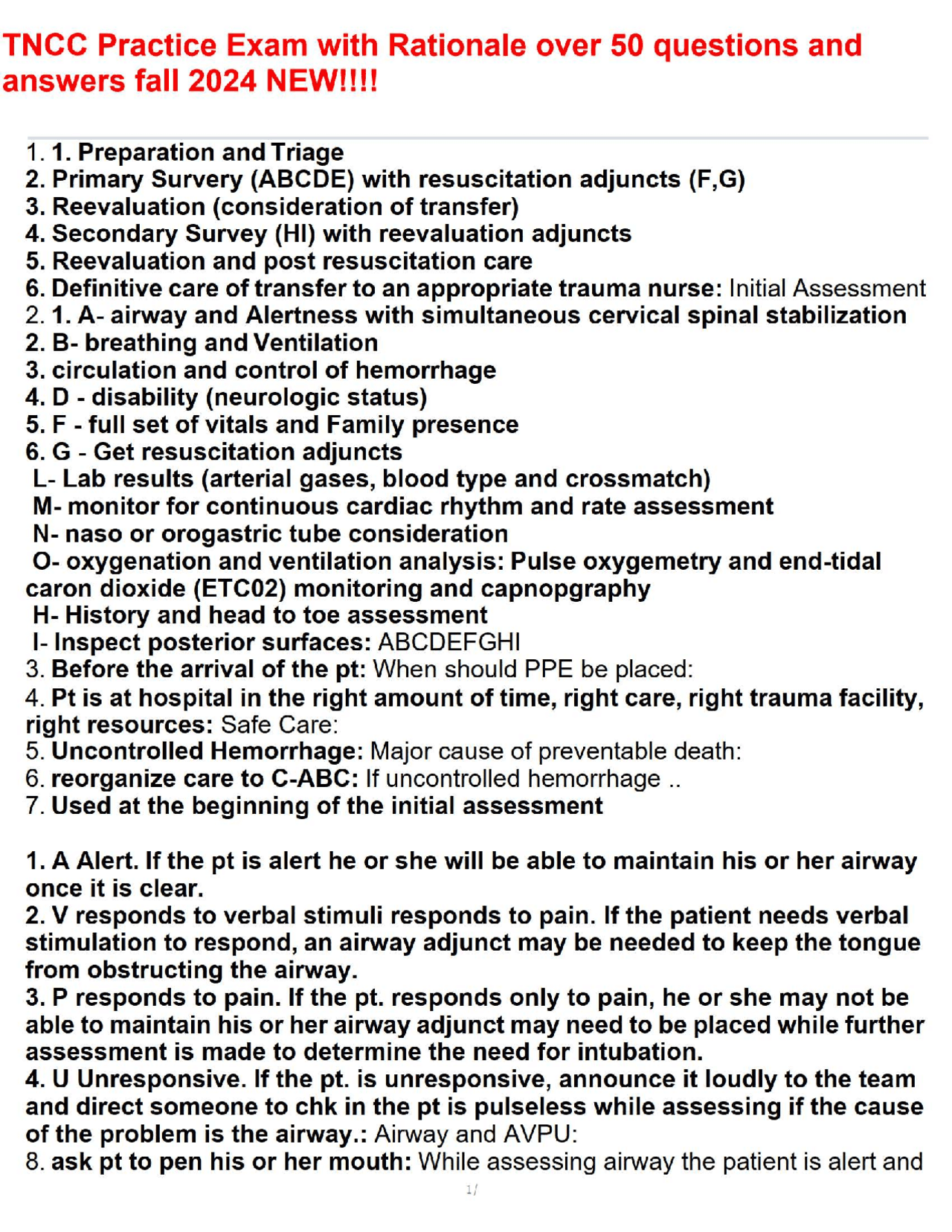 TNCC Practice Exam with Rationale over 50 questions and answers fall ...