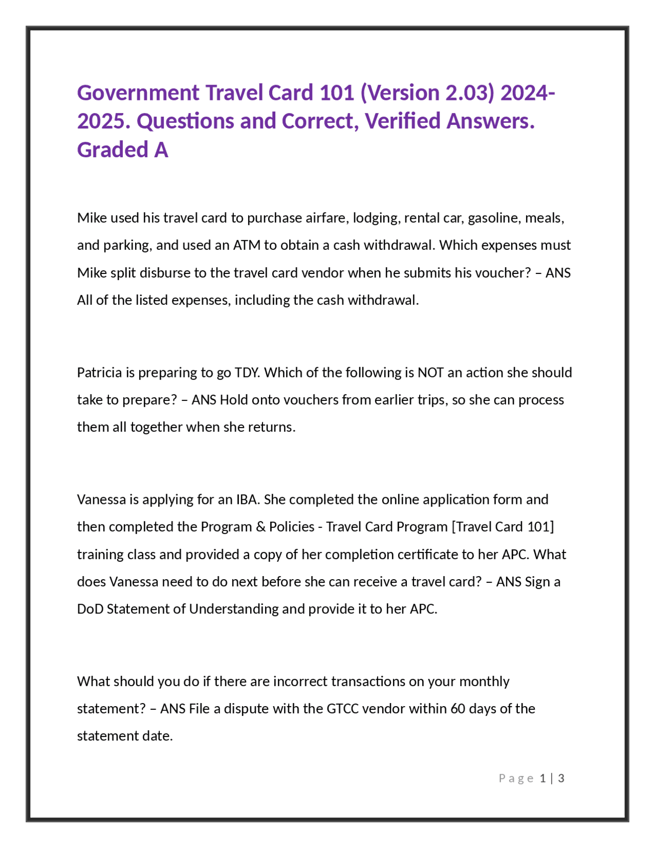 Government Travel Card 101 (Version 2.03) 2024-2025. Questions and ...