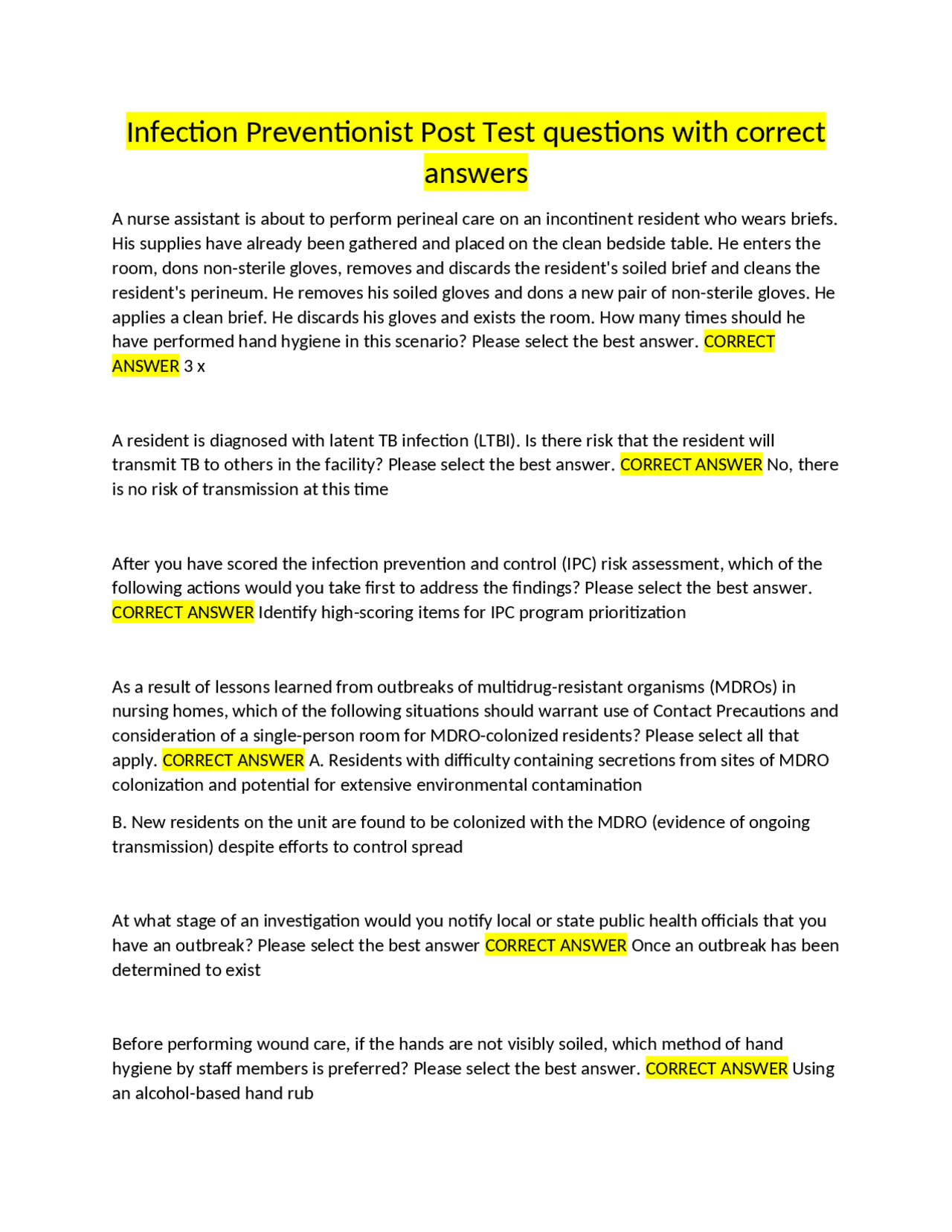 Infection Prevention and Control Post-Test Questions and Answers ...