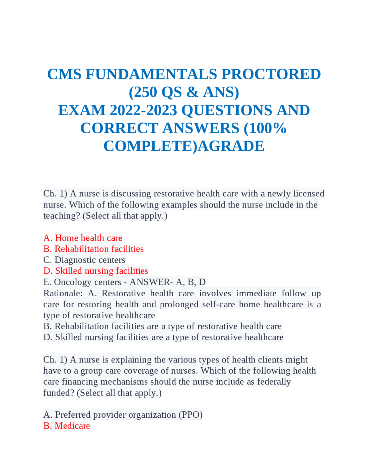 CMS Fundamentals Proctored Exam Questions and Answers | Exams Nursing | Docsity