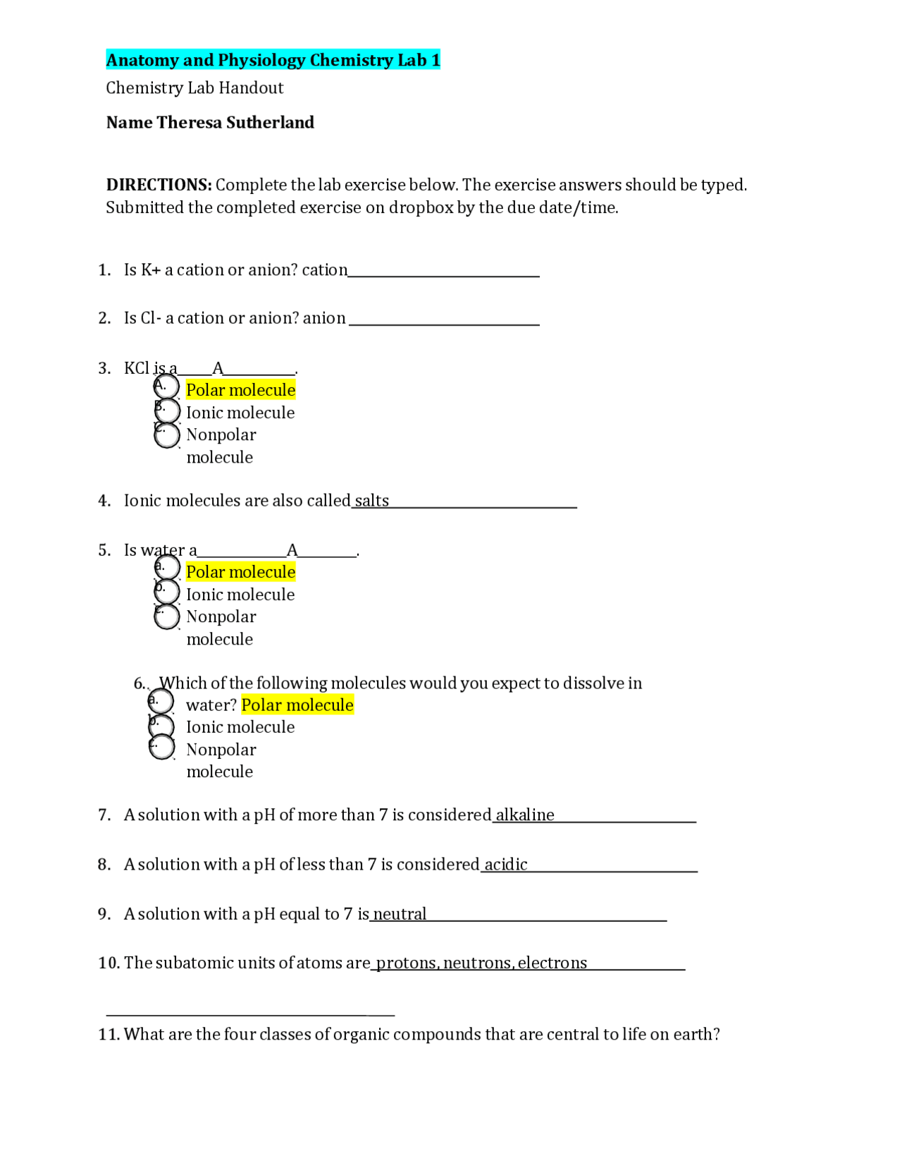 Anatomy and Physiology Chemistry Lab 1: Exercises and Questions | Exams ...