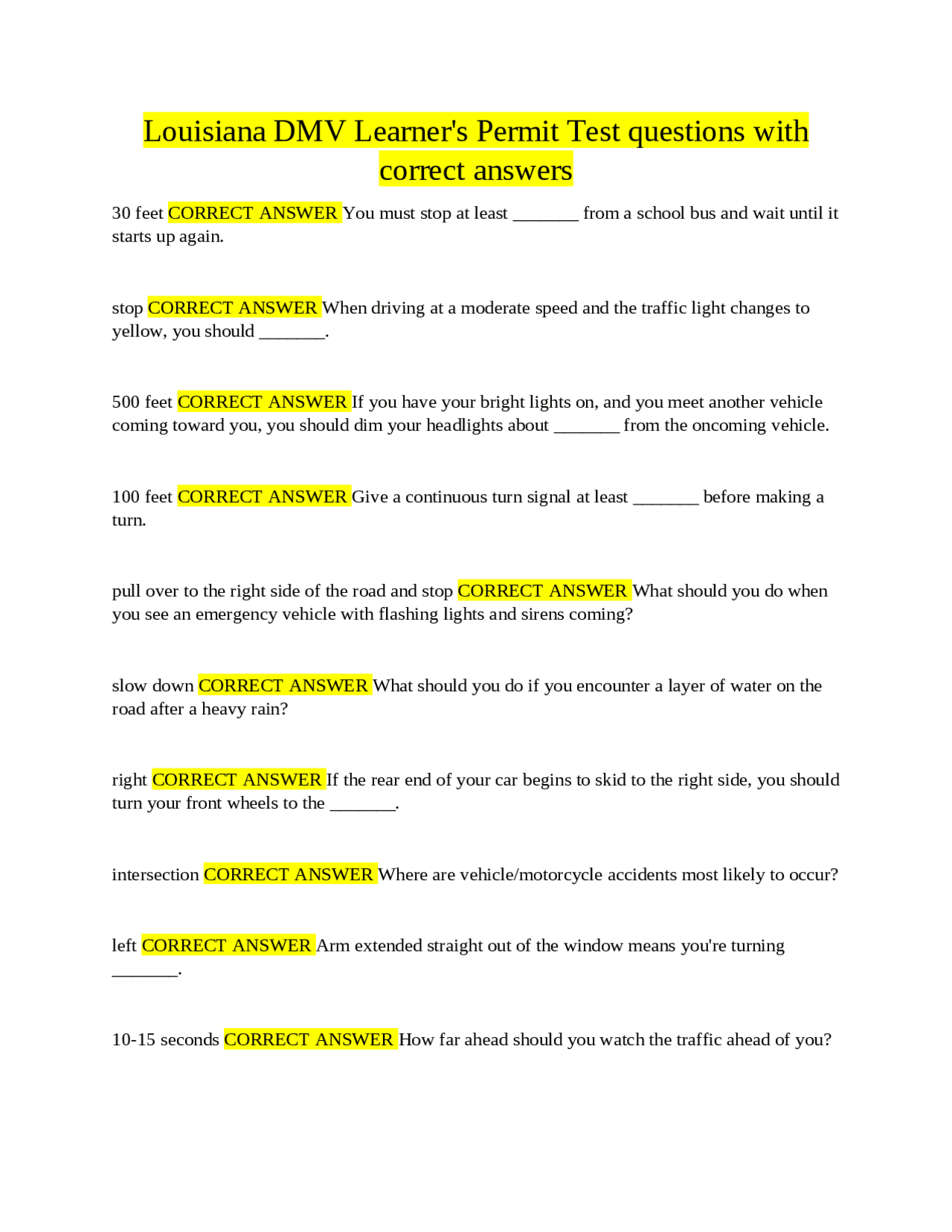 Louisiana DMV Learner's Permit Test Questions and Answers | Exams Law ...