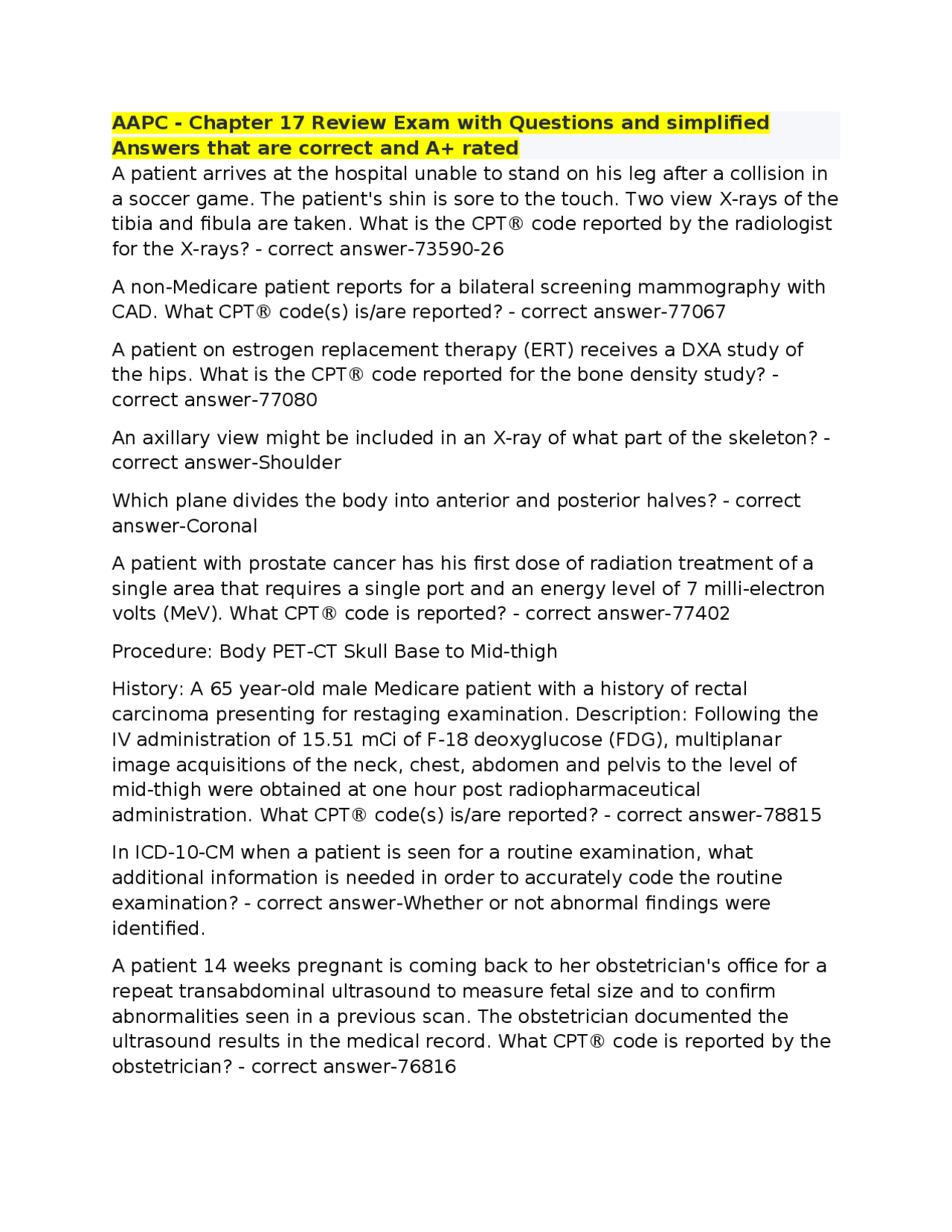 AAPC - Chapter 17 Review Exam with Questions and simplified Answers that are correct and A ...