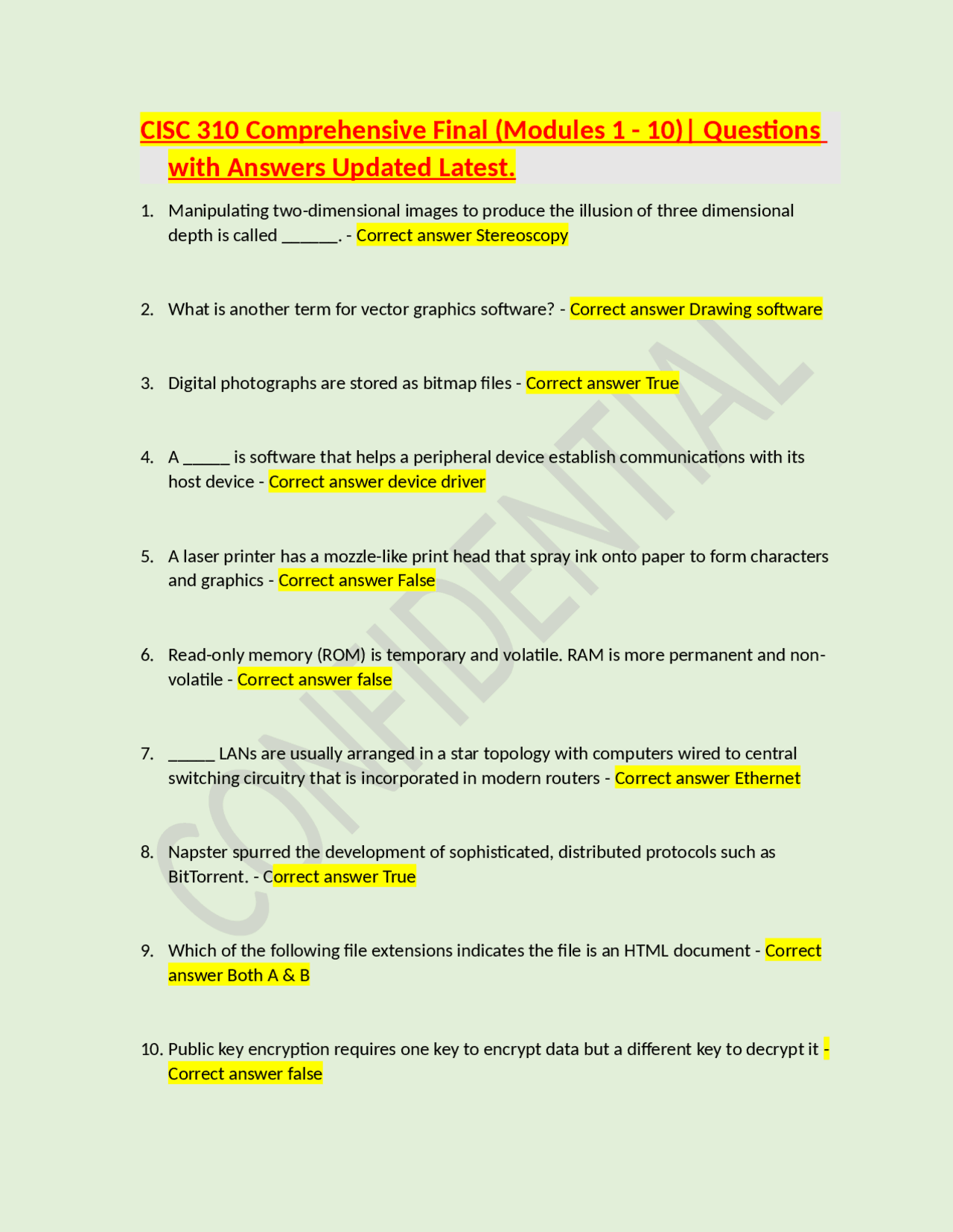 CISC 310 Comprehensive Final Exam: Modules 1-10 | Exams Computer Science | Docsity