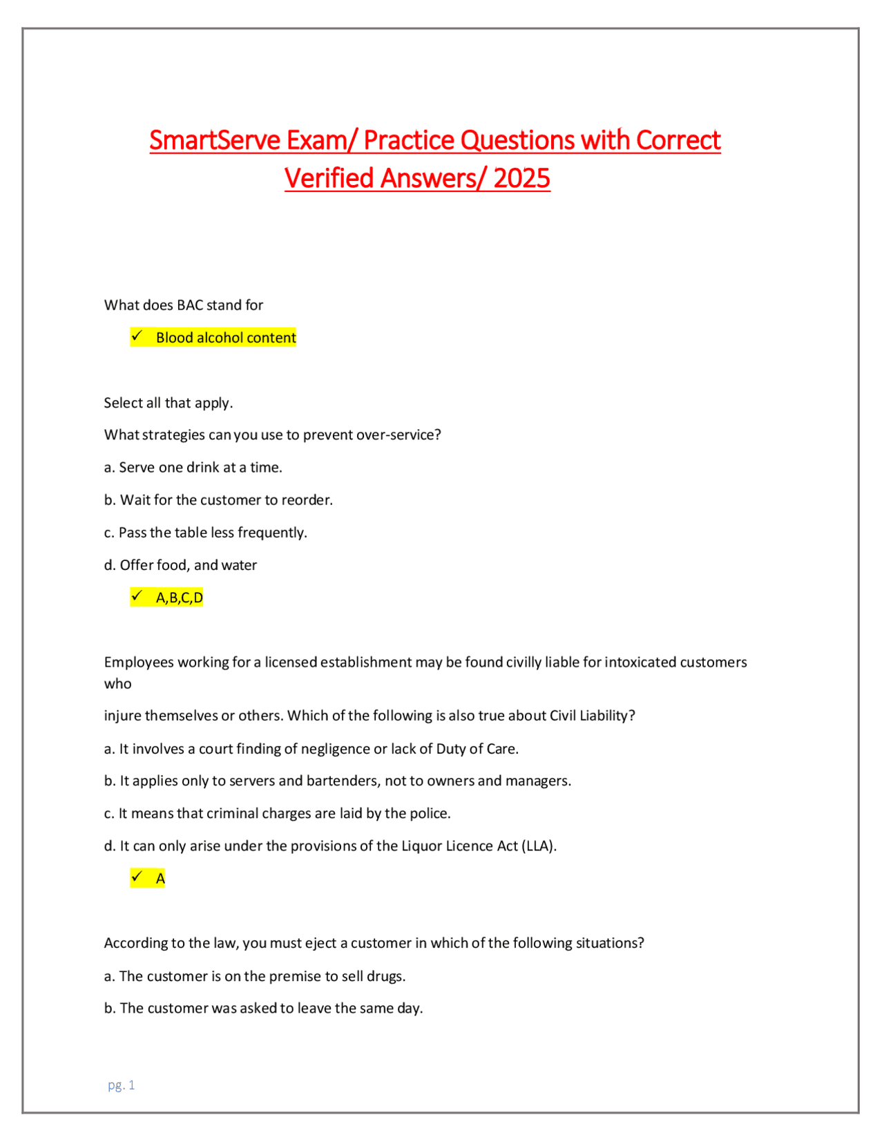 SmartServe Exam/Practice Questions with Verified Answers - Prof. Disch ...