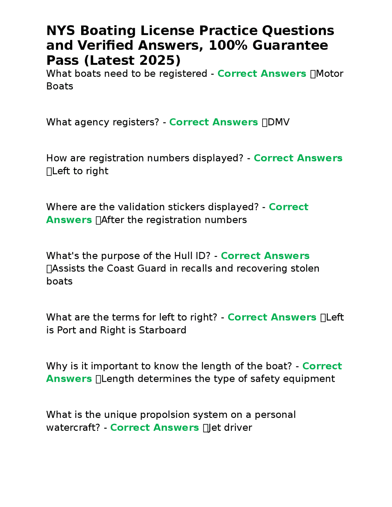 NYS Boating License Practice Questions and Answers | Exams Nursing ...