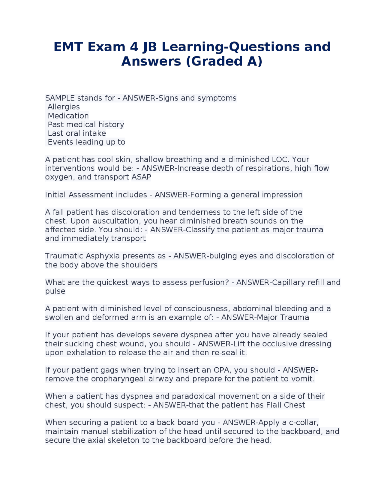 EMT Exam 4: Questions and Answers (Graded A) - JB Learning | Exams ...