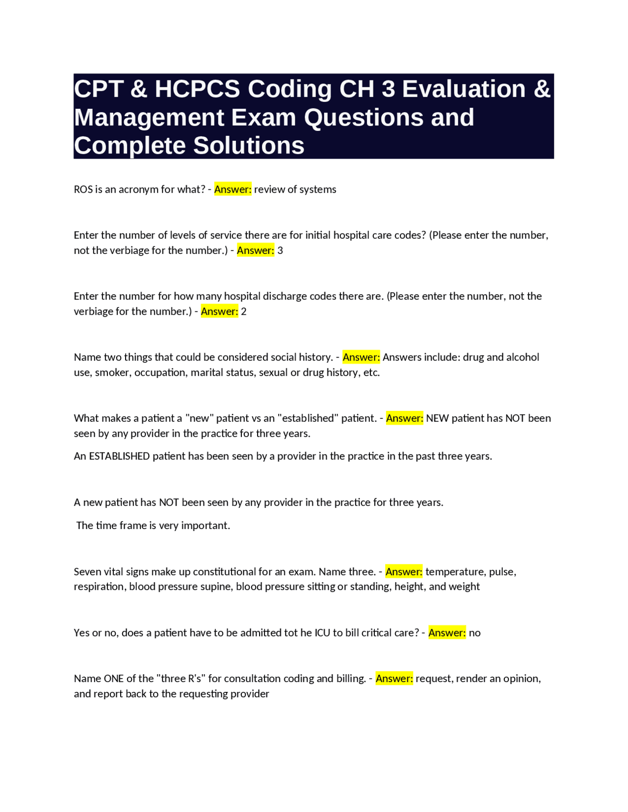 CPT & HCPCS Coding: Evaluation & Management Exam Questions and Complete ... CPT & HCPCS Coding: Evaluation & Management Exam Questions and Complete ...