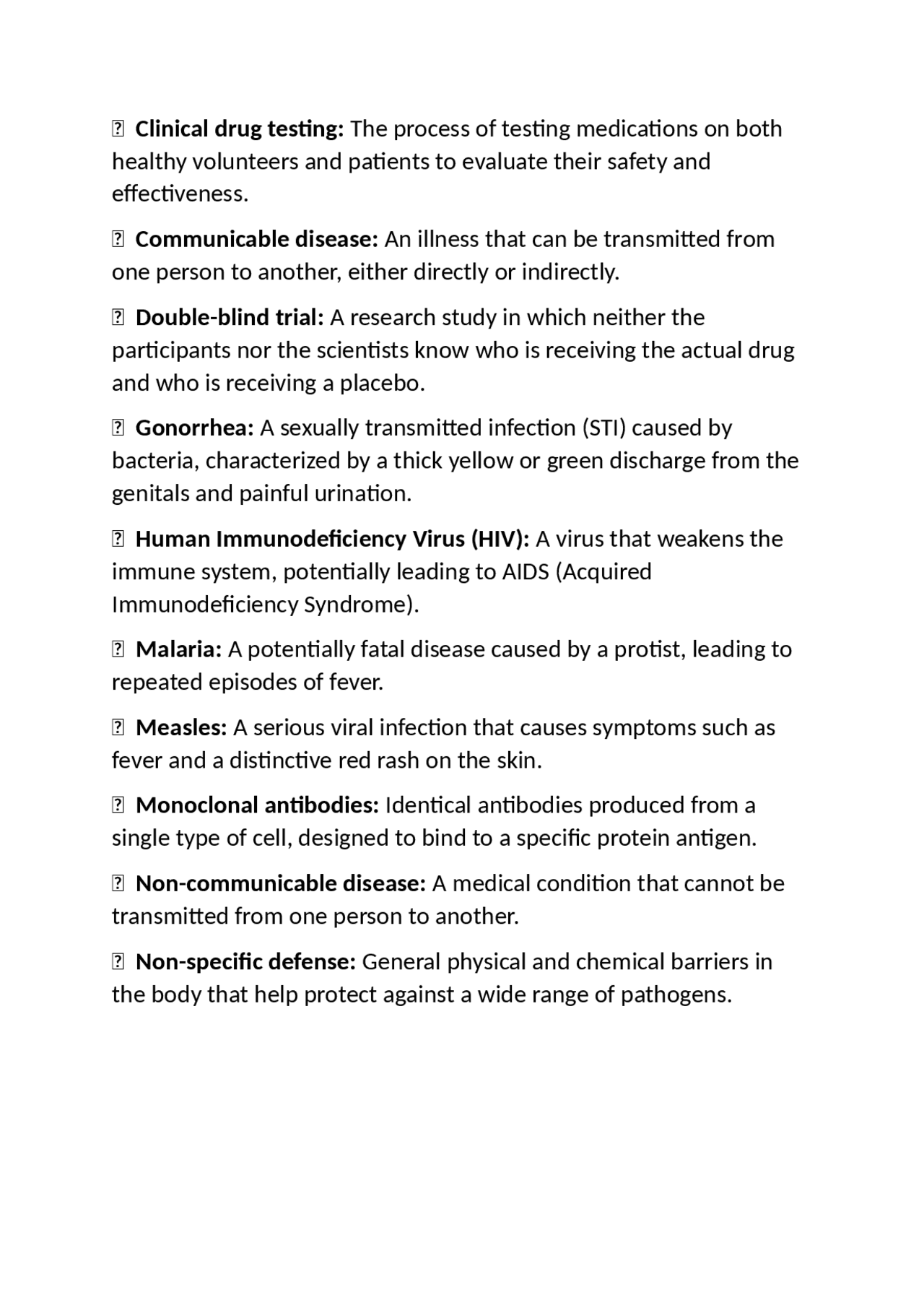 Biology Infection and Response Definitions | Cheat Sheet Biology | Docsity