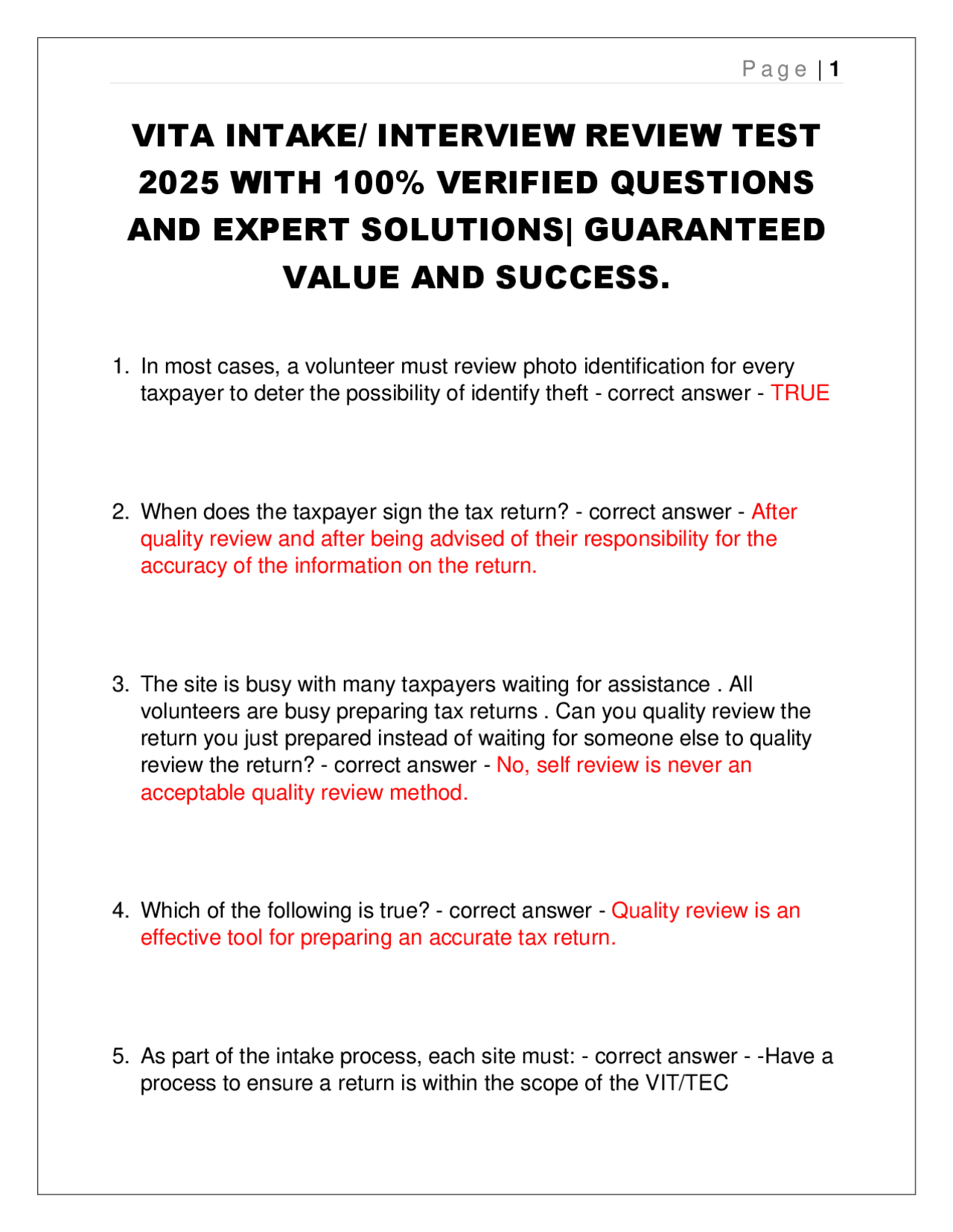 VITA Intake/Interview Review Test: 2025 Questions and Answers | Exams ...