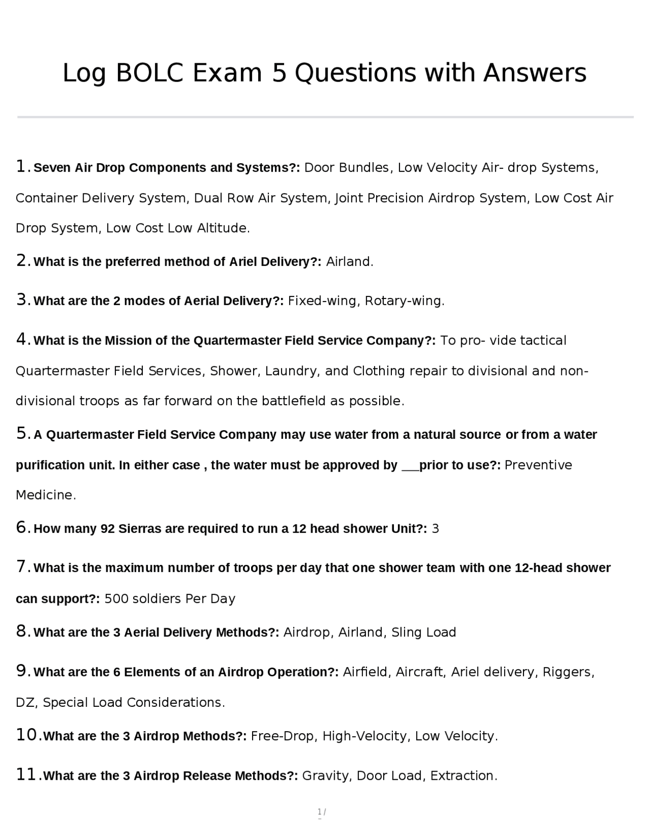 BOLC Exam 5: Quartermaster Field Services Questions & Answers | Exams ...
