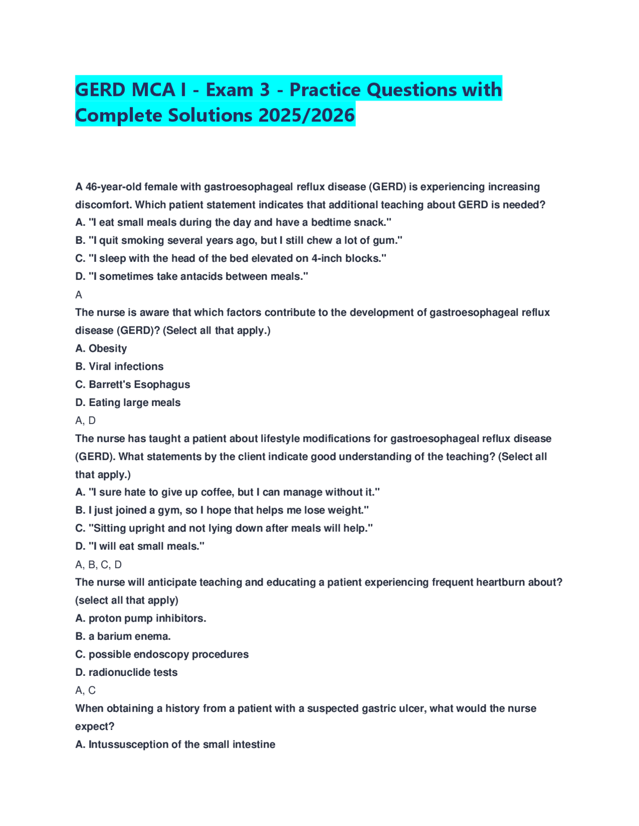 Gastroesophageal Reflux Disease (GERD) - Exam 3 Practice Questions with ...