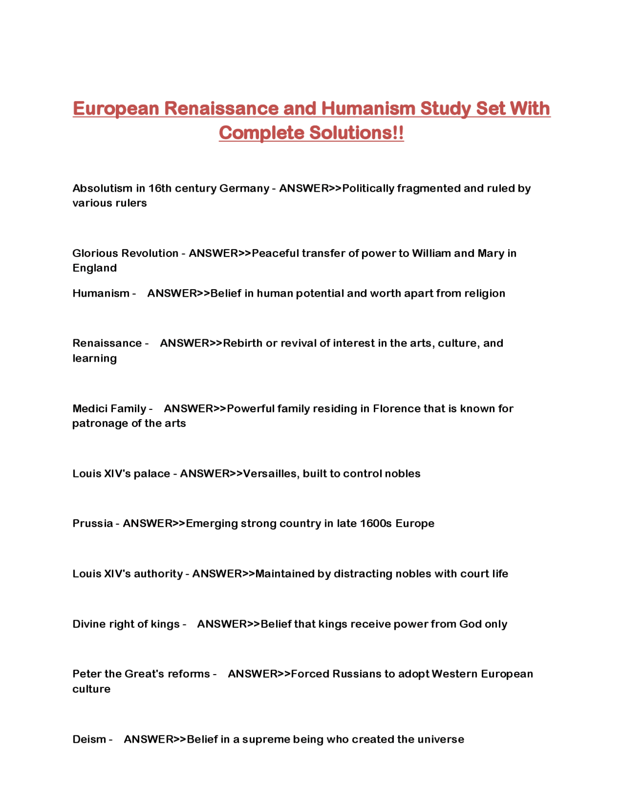 European Renaissance and Humanism Study Set: Key Concepts and Answers ...