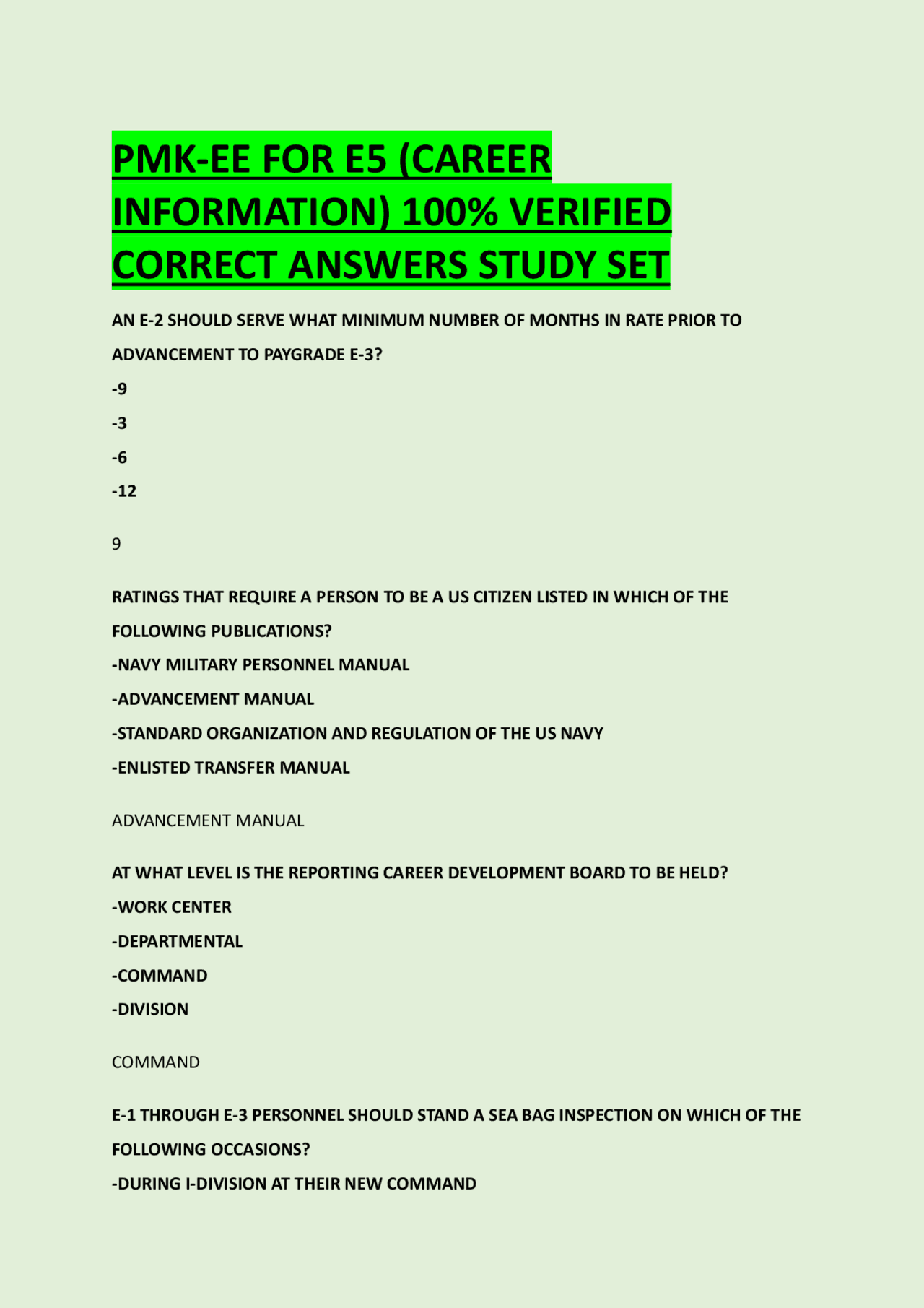 PMK-EE FOR E5 (CAREER INFORMATION) 100% VERIFIED CORRECT ANSWERS STUDY ...