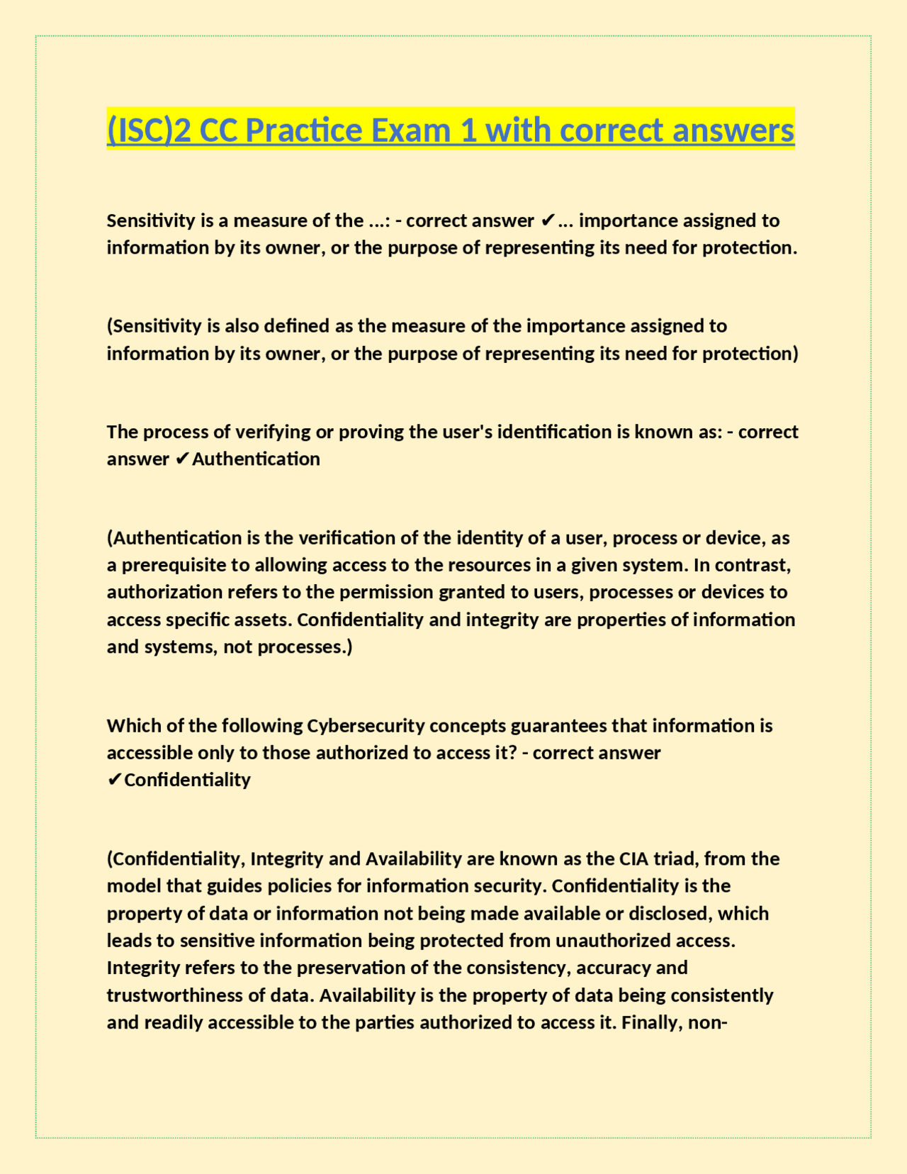 ISC2 CC Practice Exam 1 with Correct Answers | Exams Nursing | Docsity