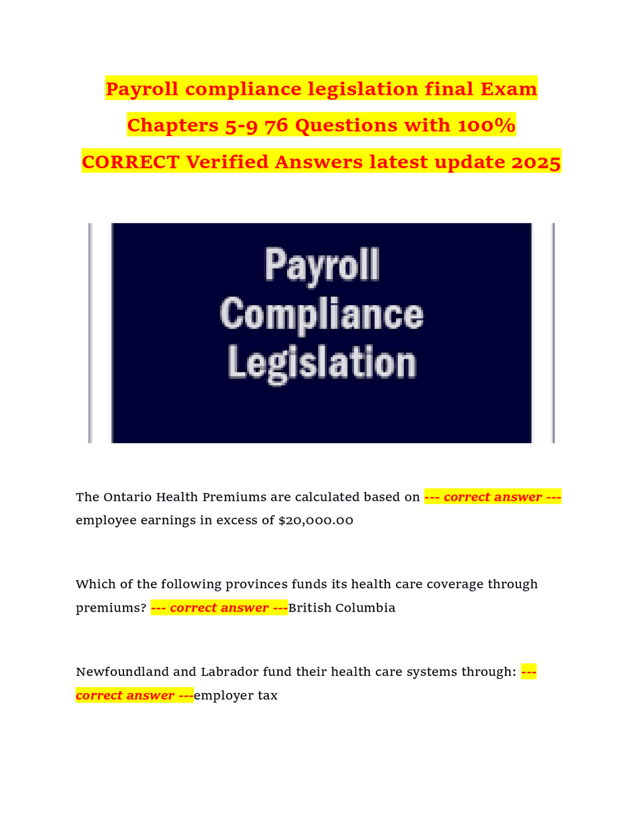 Payroll compliance legislation final Exam Chapters 5-9 76 Questions ...