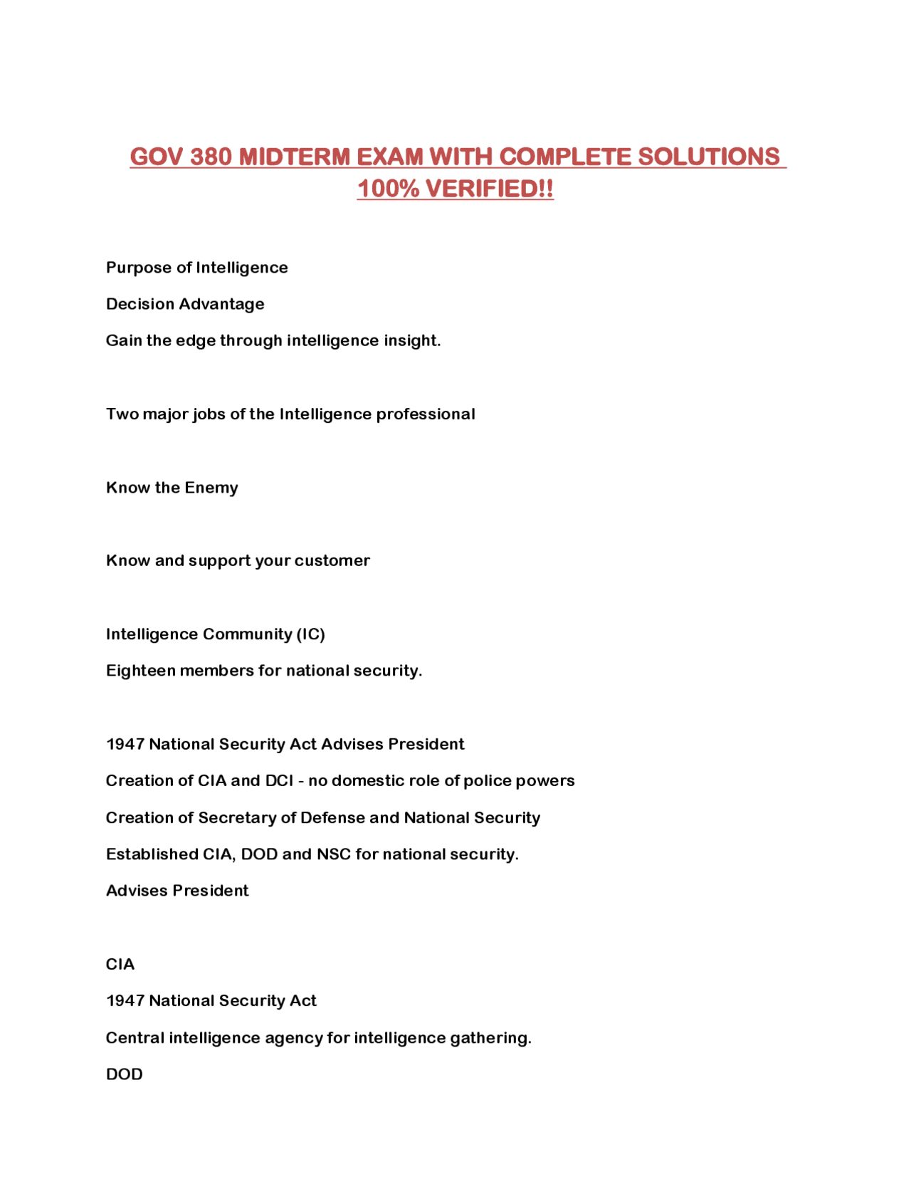 GOV 380 Midterm Exam: Intelligence and National Security | Exams ...
