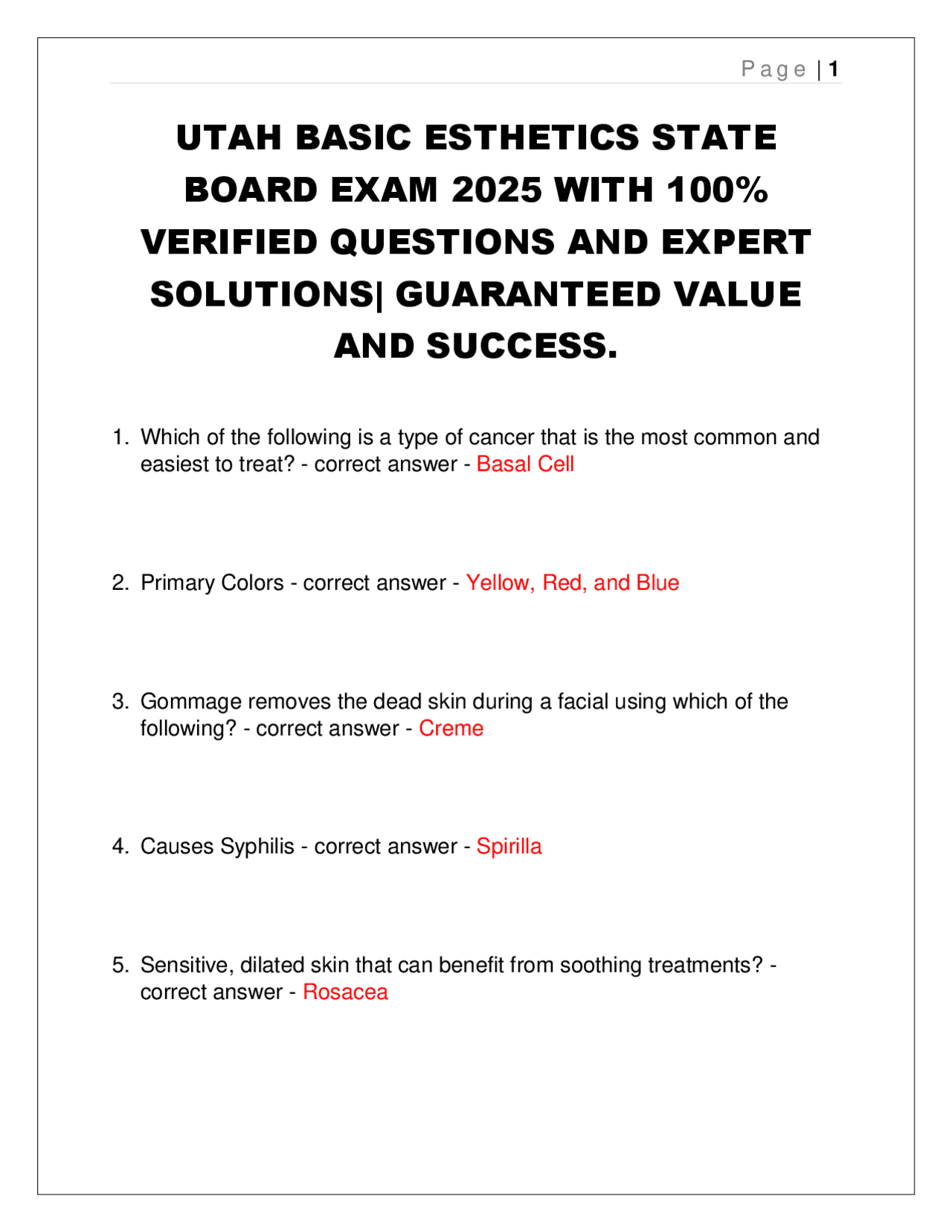 Utah Basic Esthetics State Board Exam 2025: Questions and Answers ...
