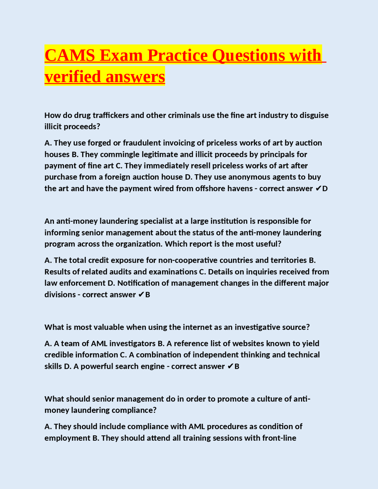 CAMS Exam Practice Questions with Verified Answers | Exams Nursing ...