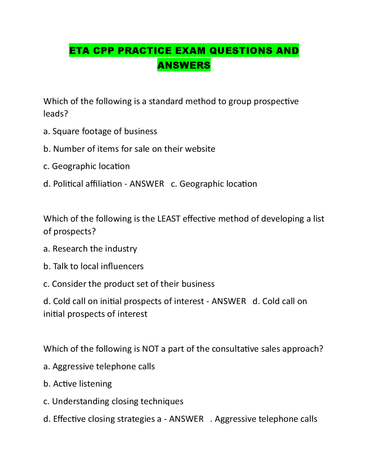 ETA CPP Practice Exam Questions and Answers | Exams Nursing | Docsity