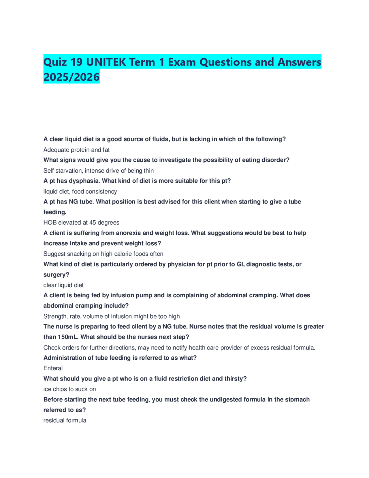 UNITEK Term 1 Exam Questions and Answers: Nursing Fundamentals | Exams ...