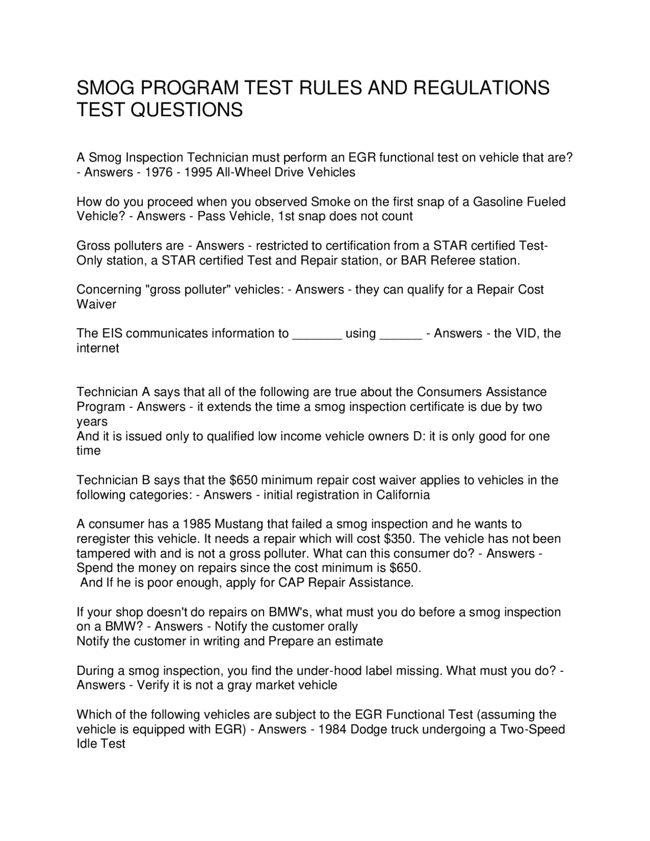 Smog Program Test Rules and Regulations: Q&A for Technicians | Exams ...