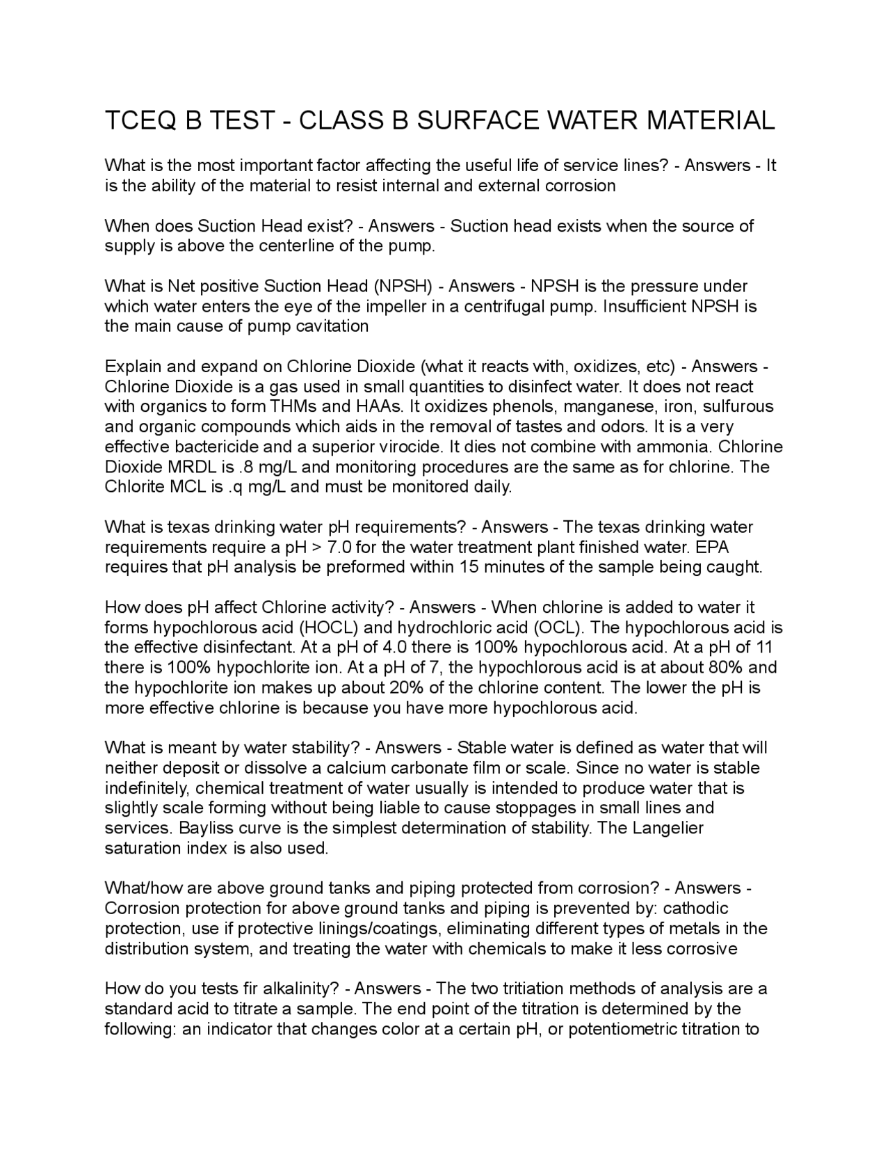 TCEQ B Test - Class B Surface Water Material: Questions and Answers ...