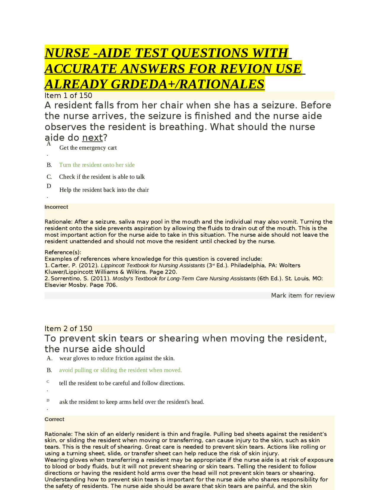 NURSE -AIDE TEST QUESTIONS WITH ACCURATE ANSWERS FOR REVION USE ALREADY ...